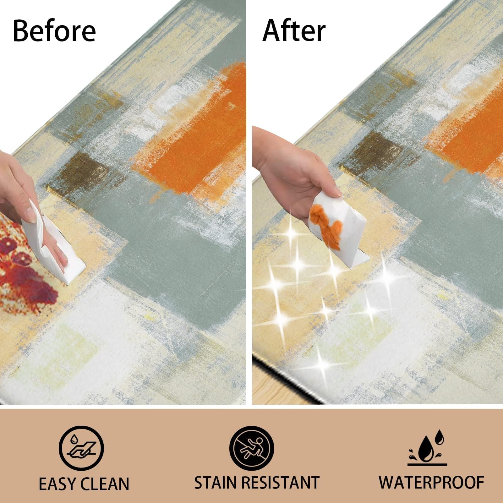 Orange Kitchen Rugs and Mats Set of 2 Cushioned Anti-Fatigue Kitchen Floor Mat 0.4 Inch Thick Burnt Orange Grey Kitchen Mat PVC Non-Slip Waterproof Standing Mat for Sink,Laundry, 17x28+17x47 inch