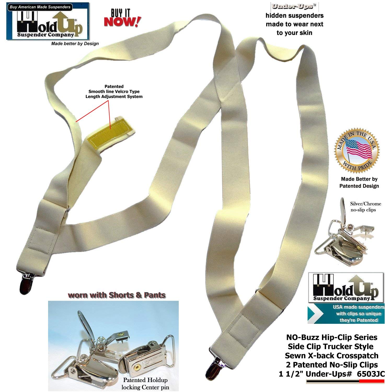 Holdup Hip-Clip Style Under-Ups Tan 1 1/2" Suspenders for Men with the USA Patented Metal "No-Slip" Clip