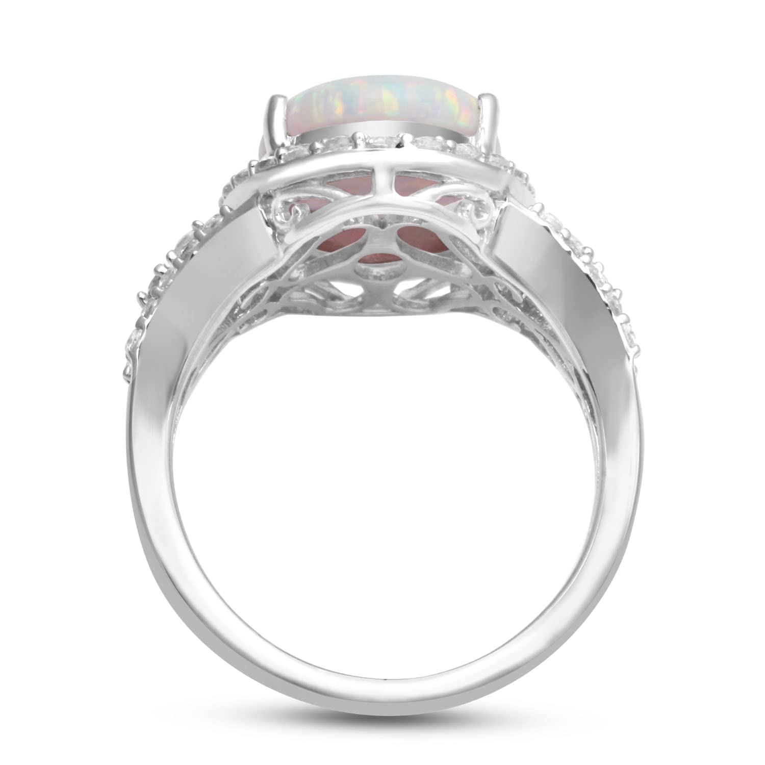 Jewelili Sterling Silver 14x10 MM Oval Created Opal and Round Created White Sapphire Halo Ring, Size 7