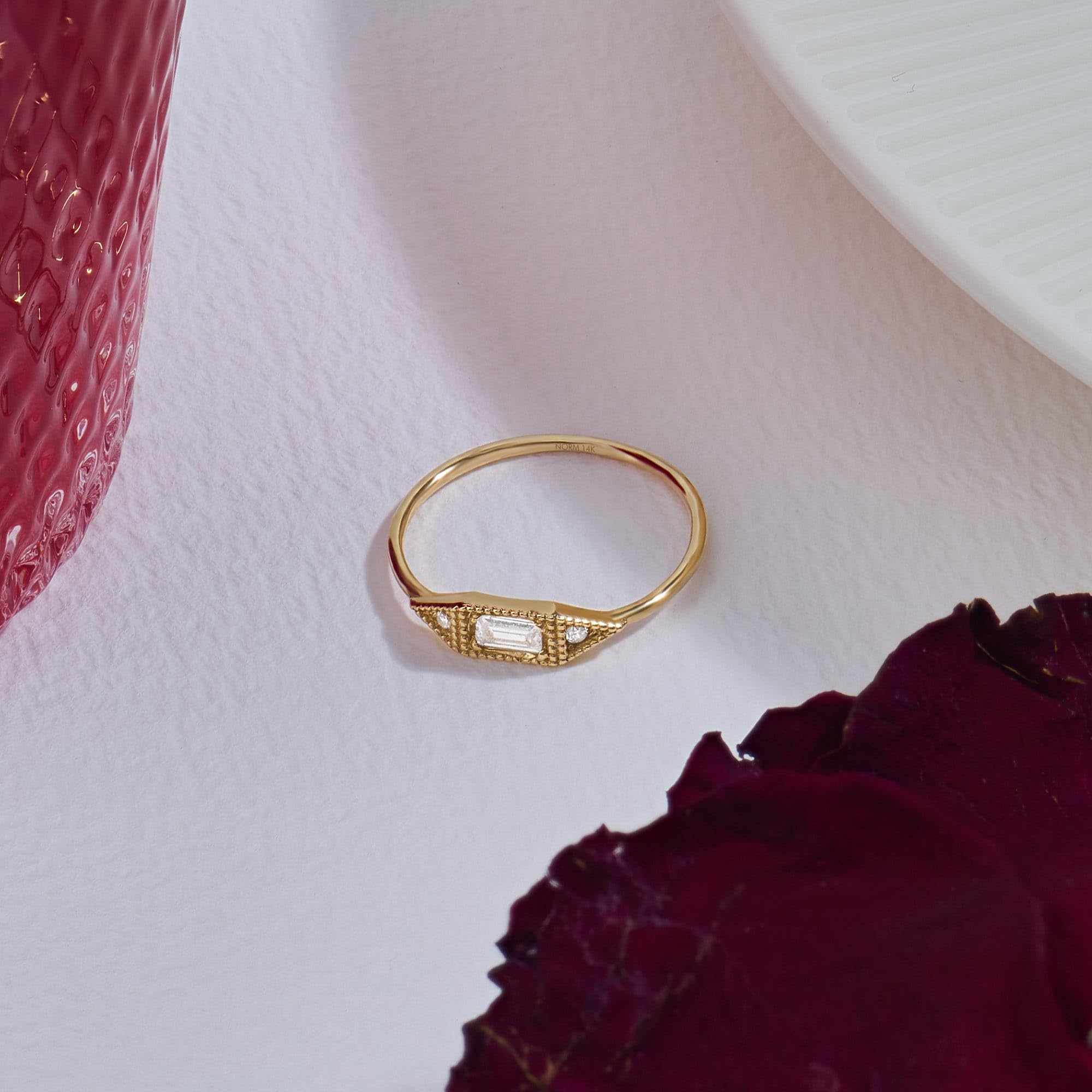 Norm Jewels 14k Gold Pinky Ring for Women Vintage Design Stackable Rings, Baguette Cz Rings, Solid Gold Rings, Real Gold Band Statement Ring (Yellow Gold, 6)