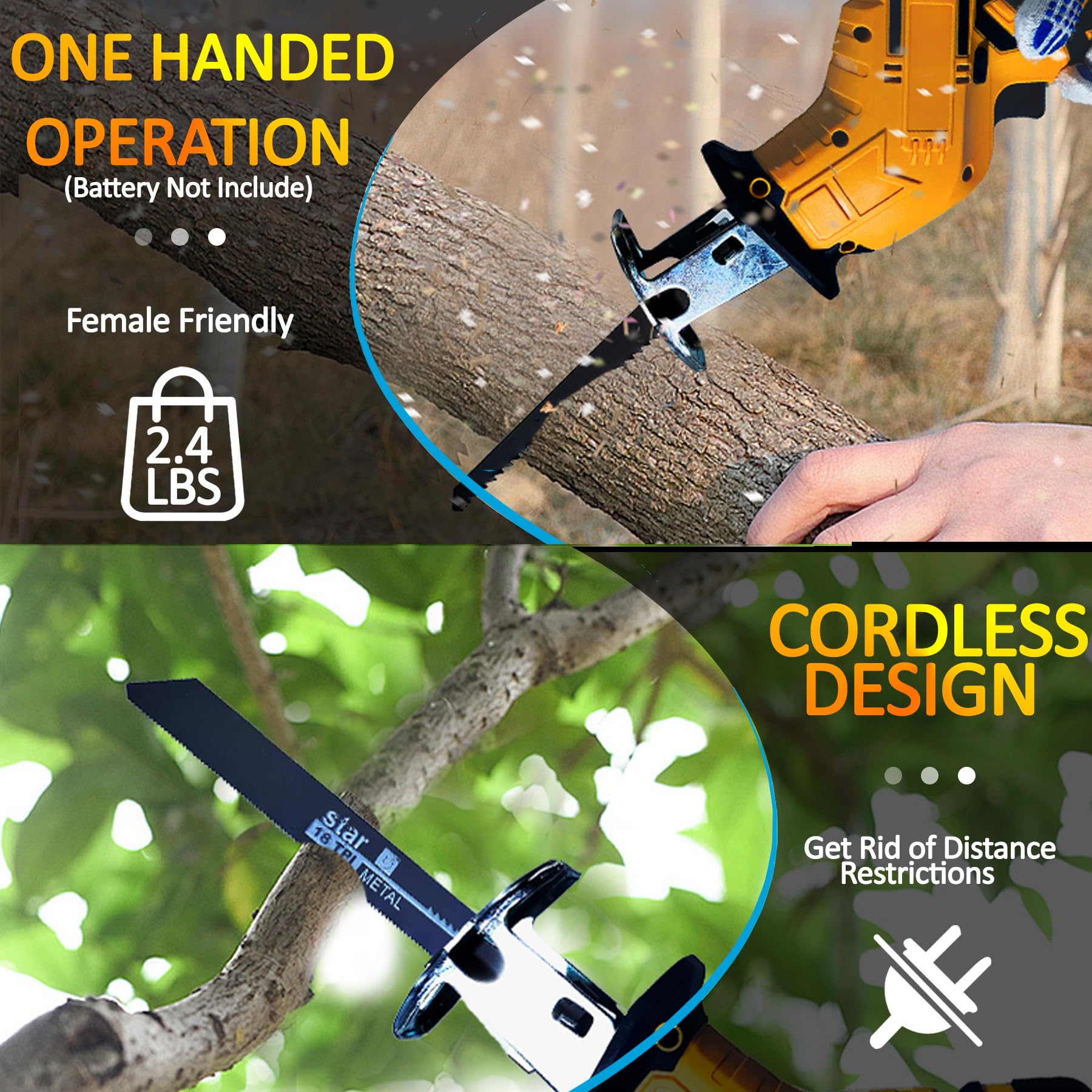 Reciprocating Saw Compatible with DeWalt 20V Battery, Brushless Power Cordless Recipro Saw, 0-3500SPM Variable Speed, Tool-free Blade Change, 4 Saw Blades Kit for Wood/Metal/PVC Cutting, Tool Only