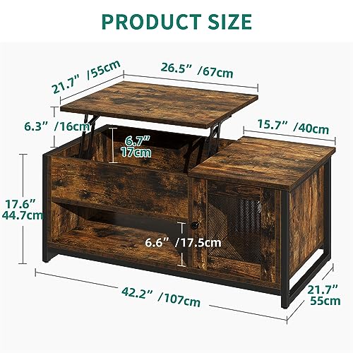YITAHOME Lift Top Coffee Table, Coffee Table for Living Room,Wood Coffee Table with Storage,Hidden Compartment and Double Metal Mesh Door Cabinet,Rustic Brown