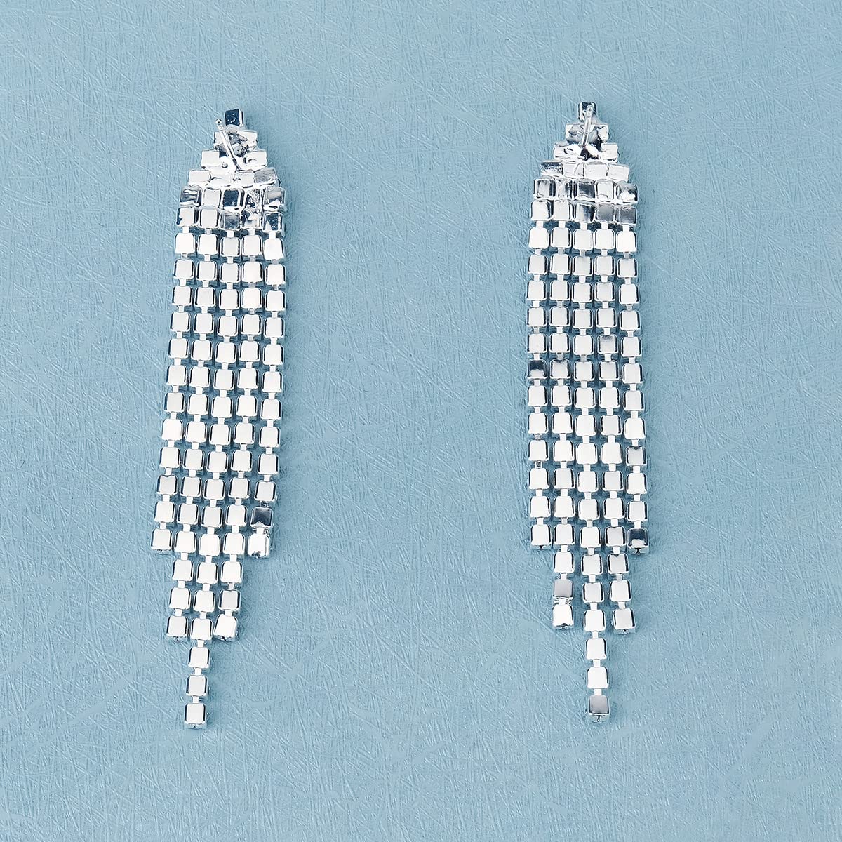 Mlouye Silver Tone Clear Rhinestone Chandelier Dangle Earrings for Women, Triangle Dangling Fringe Crystals Pierced Earring for Prom Party Jewelry