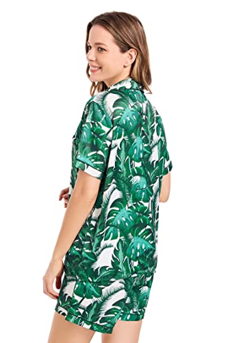 JULGIRL Women's Silk Satin Pajamas Short Sleeve Shorts Loungewear Two-Piece Button-Down Pj Set (X-Large, Palm Leaves)