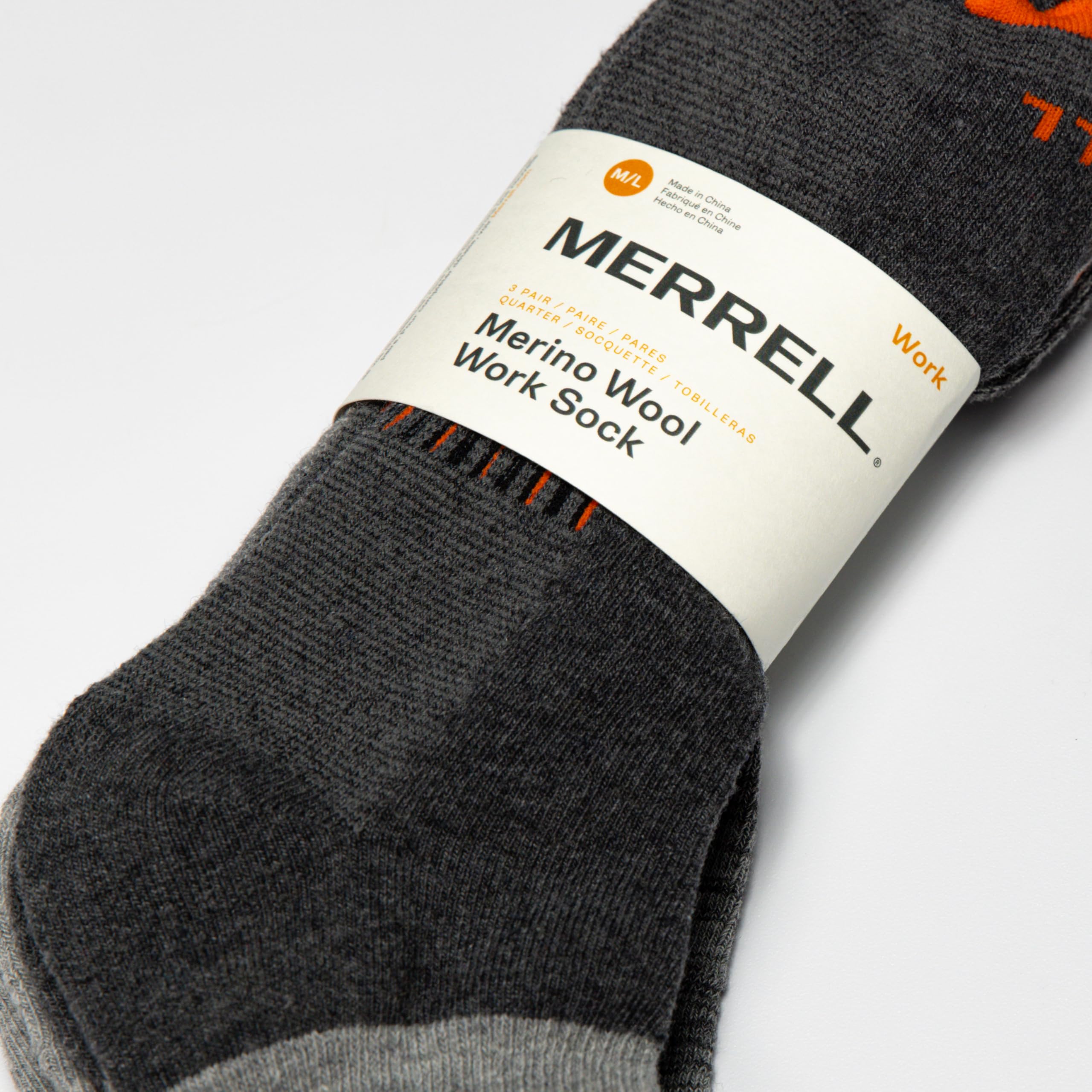 Merrell Unisex-Adult's Men's and Women's Merino Wool Work Socks-3 Pair Pack-Arch Support, Ankle-Light Gray, Medium-Large