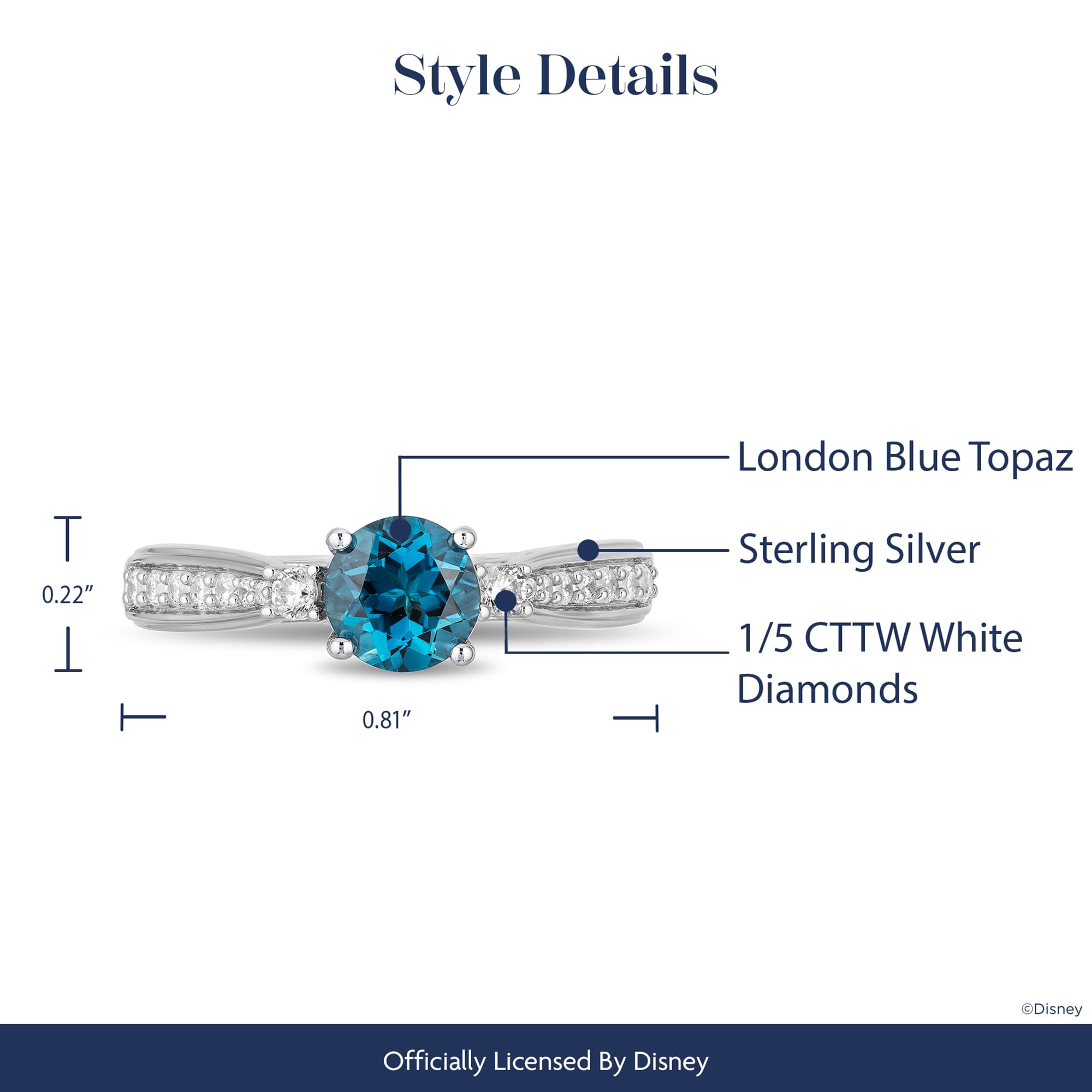 Jewelili Enchanted Disney Fine Jewelry Sterling Silver with 1/5 Cttw Diamond and London Blue Topaz Cinderella Ring, Size 6