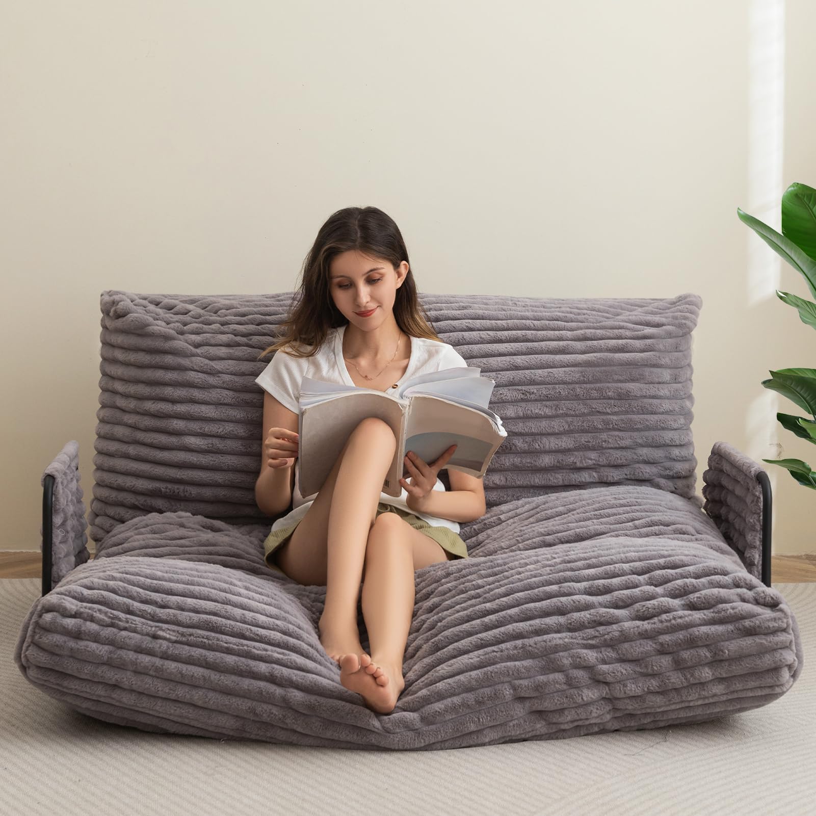 YOSHOOT Adjustable Lazy Floor Sofa, Convertible Bean Bag Sofa Bed Couch, 5-Position Foldable Sleeper Chair with Armrest, Versatile Floor Seating Sofa for Reading Gaming, Beige