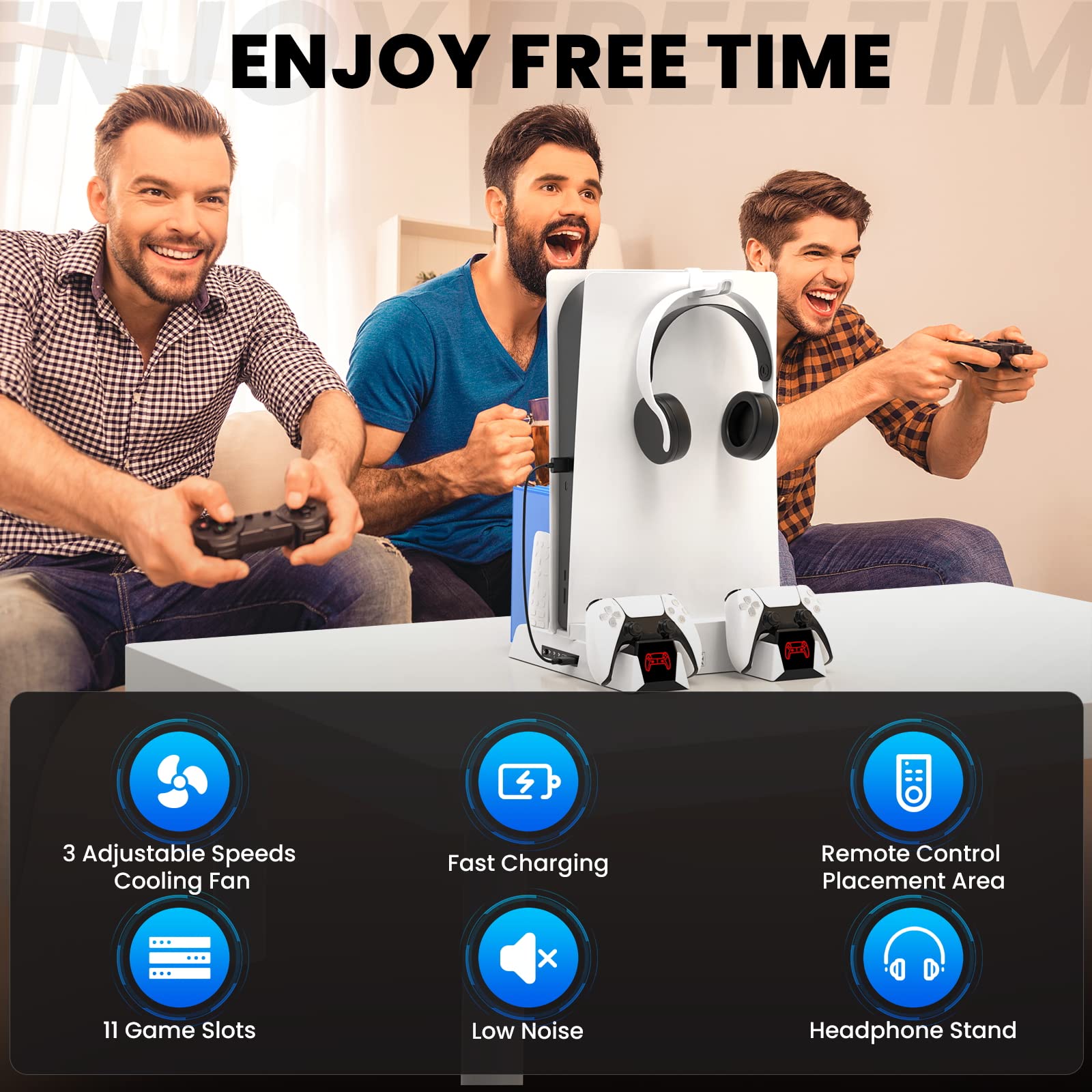 RIIKUNTEK PS5 Stand with Cooling Fan and Dual Controller Charger Compatible with PS5 Console, PS5 cooling stand with Charging Dock Station, 3 Fans Speed, 11 Game Slots, Headset Hook, White