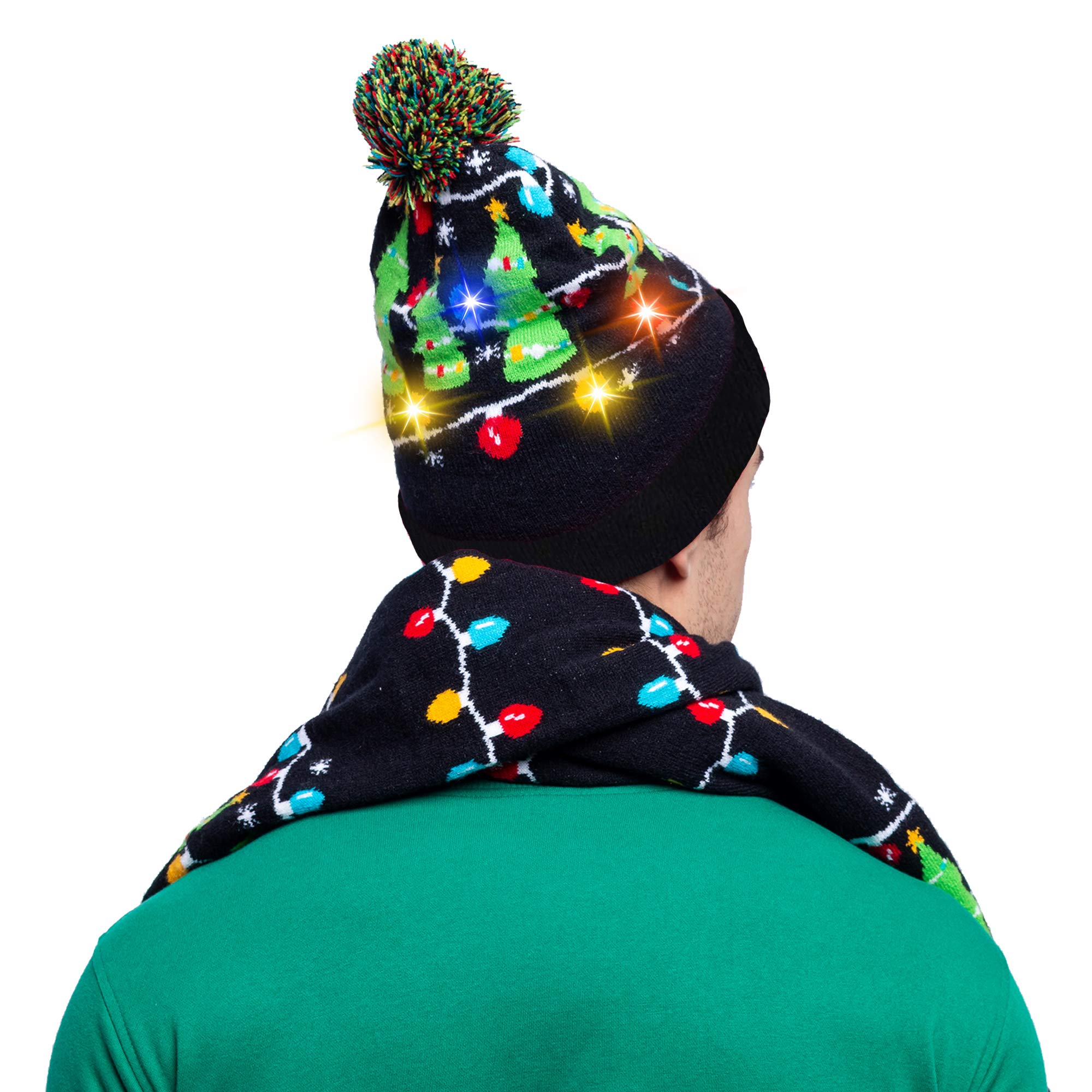 JOYIN 2 PCS Christmas Tree LED Lights Lit-up Beanie Cap and Scarf (6 Flashing Modes) Party Accessories Supplies