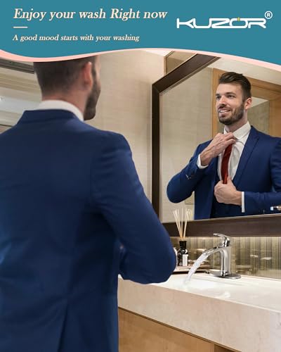 KUZOR Single Hole Bathroom Faucets Brushed Nickel, Waterfall One Hole Bathroom Faucet with Metal Pop Up Drain, Solid Brass Faucet for Bathroom Sink, Brush Nickel
