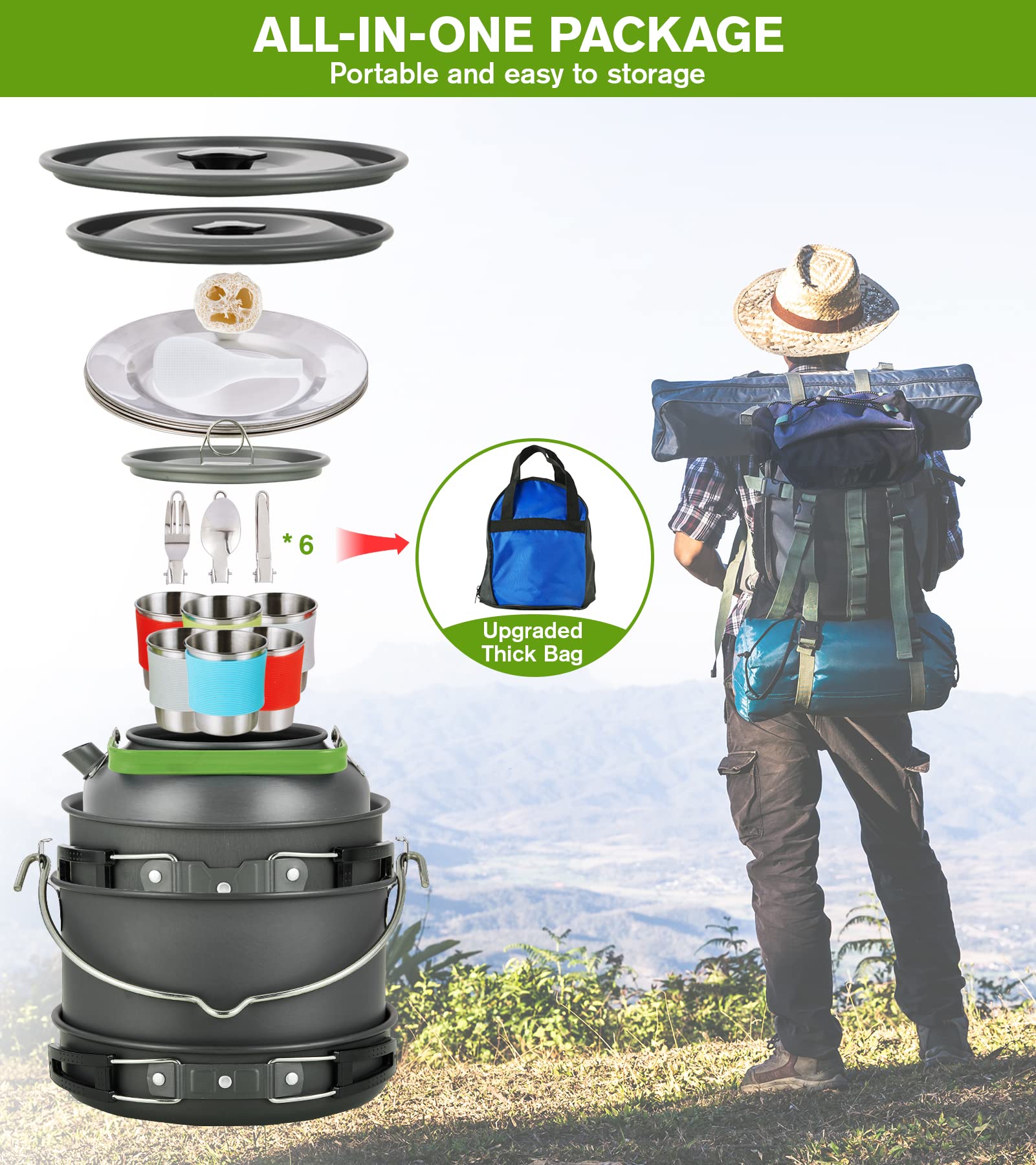 MEETSUN Camping Cookware Set 37 PCs,Large Size Hanging Pot with Camping Pots and Pans Set,Camping Cooking Set for 6 Person, Camping Mess Kit wiht Cups Dishes Forks Spoons Knives for Camping Hiking