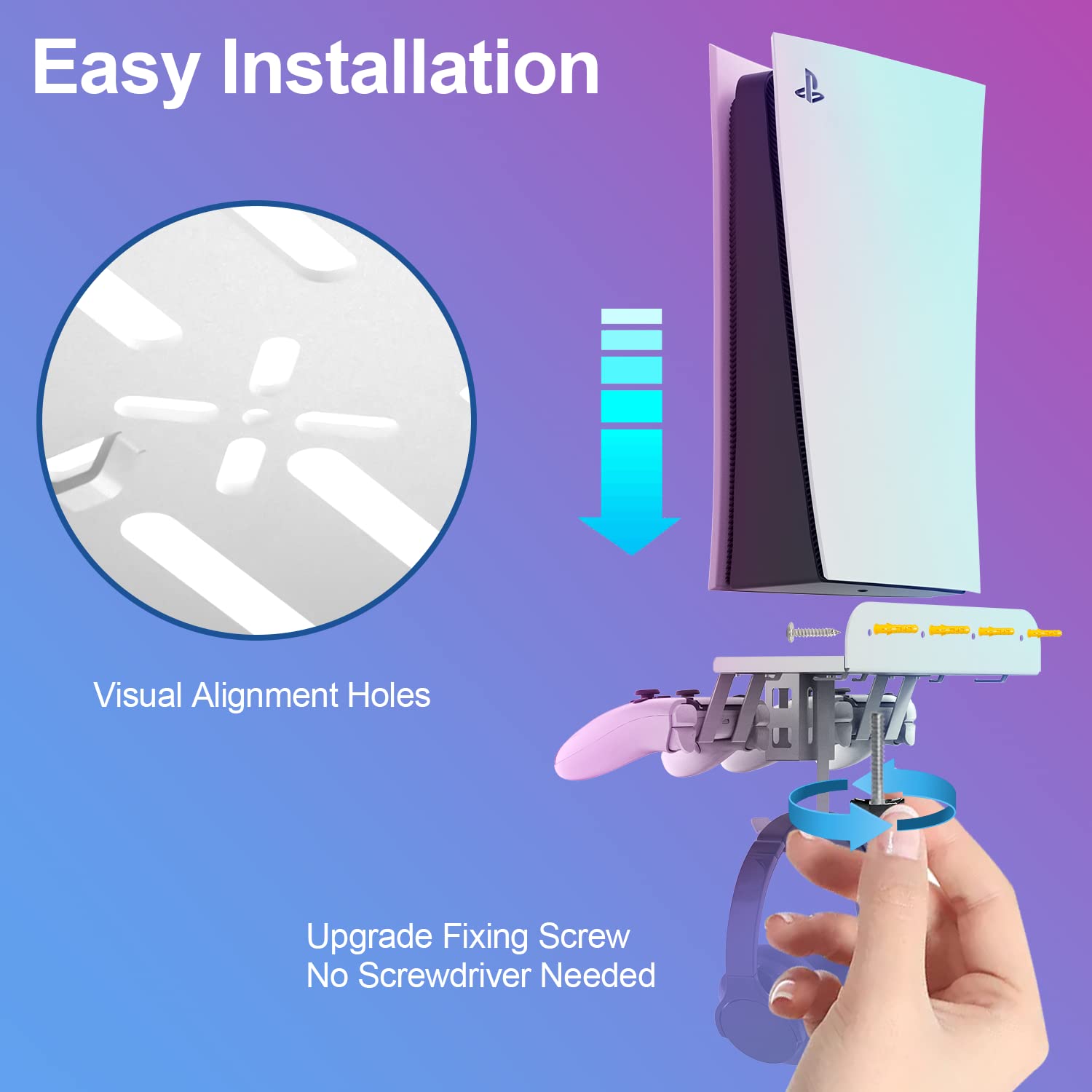 OUBANG for PS5 Wall Mount Holder, White Wall Mount Stand Work with Playstation 5 (Disc and Digital), 6 in 1 Hideout Mount for PS5 Console Metal Wall Mount Kit for PS5 Accessories with Charging Cable