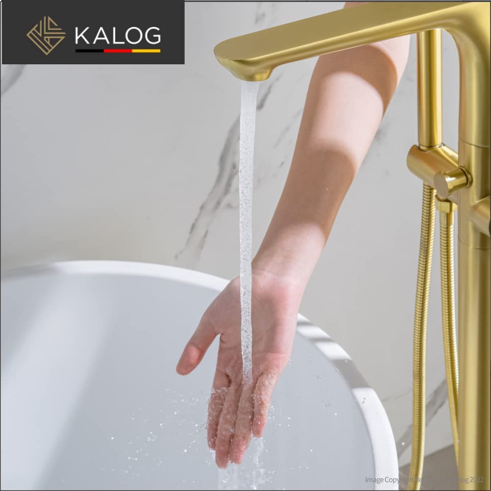Kalog Single Handle Freestanding Tub Filler Floor Mount Bathtub Faucet with Handheld Shower (Brushed Gold-B)