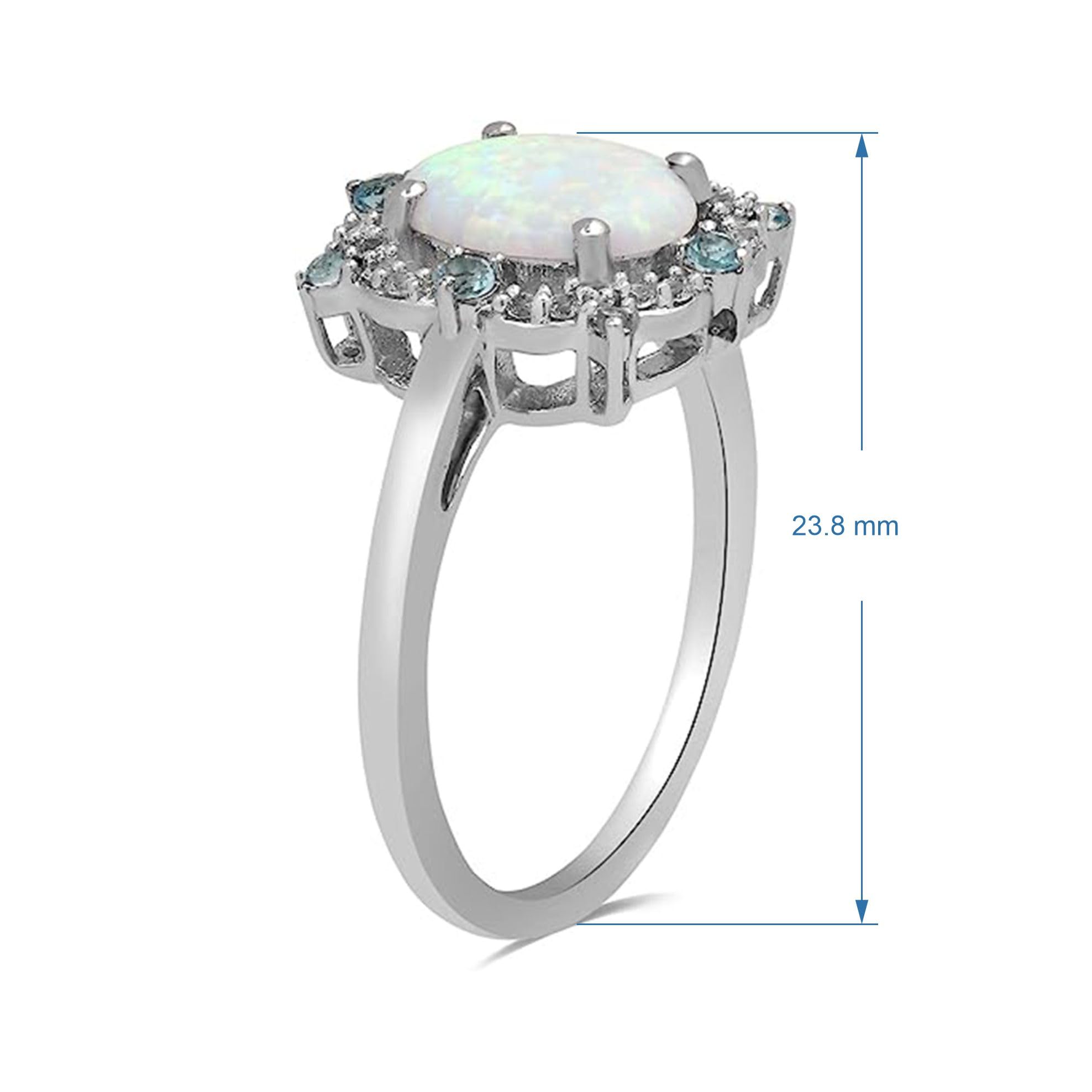 Jewelili Halo Ring in Sterling Silver with Oval Shape Created Opal, Round Swiss Blue Topaz and Created White Sapphire, Size 7