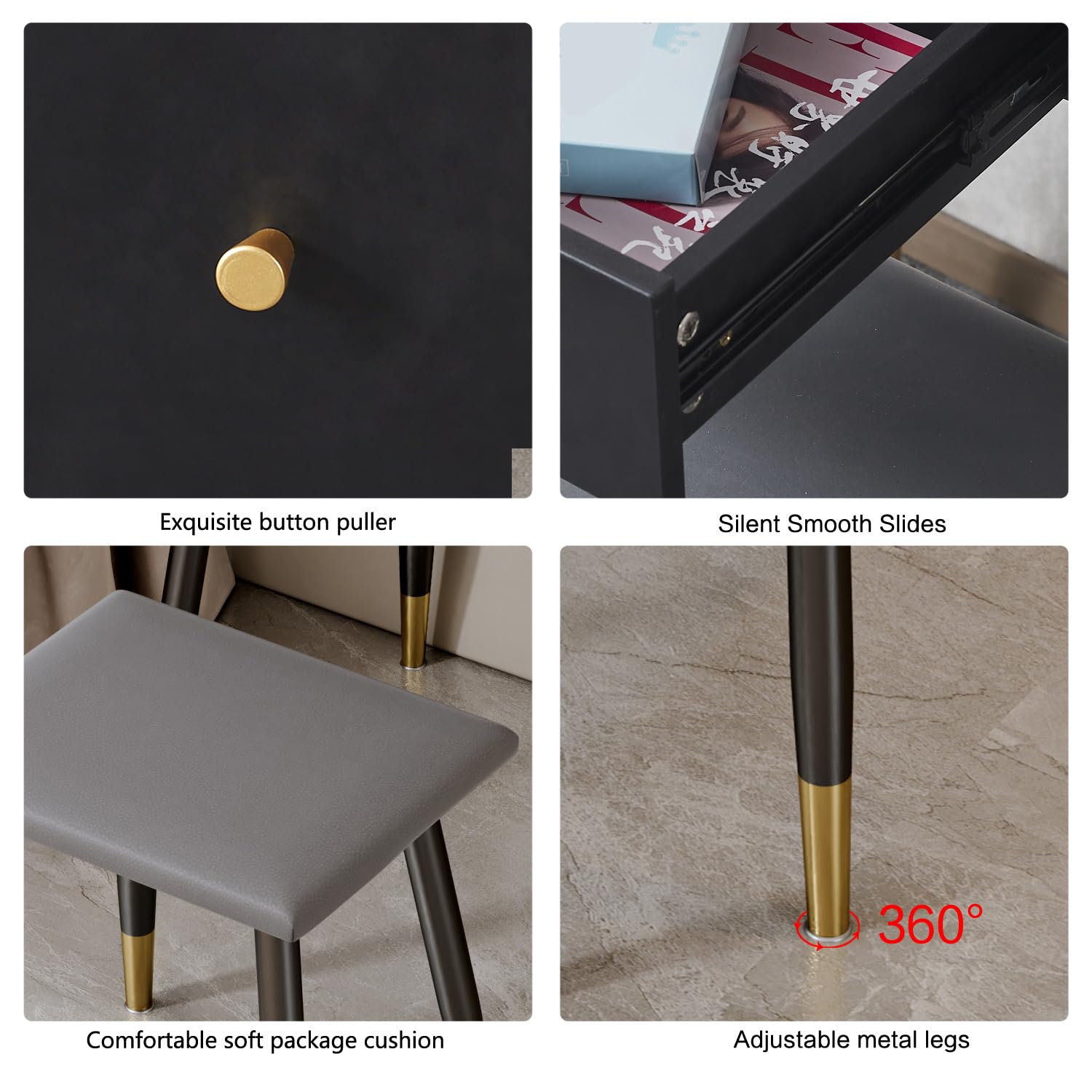 Ieejdn Black Vanity Set with 3 Color Touch Screen Dimming Mirror Flip Top and Cushioned Stool, Makeup Dressing Table Writing Desk 2 Drawers & Removable Organizers, Bedroom for Women, 15.7D*23.6W*54H