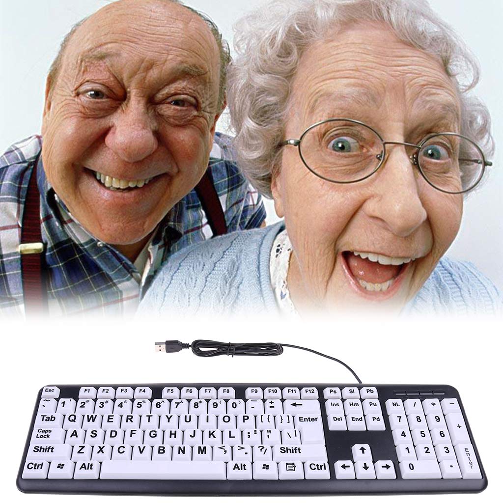 unband User USB Wired PC Computer Game Gaming Keyboard High Contrast Large Print White Keys Black Letter for Old People Elderly Men