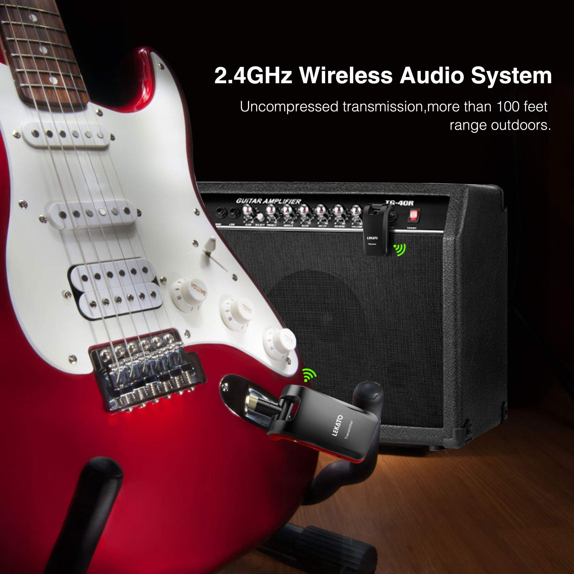 LEKATO Wireless Guitar System 2.4GHz Rechargeable Audio Wireless Transmitter Receiver 6 Channels for Guitar Bass Electric Instruments, Stereo and Mono 1/4โ & 1/8โ 2 in 1 Plugs,Black(WS-60)