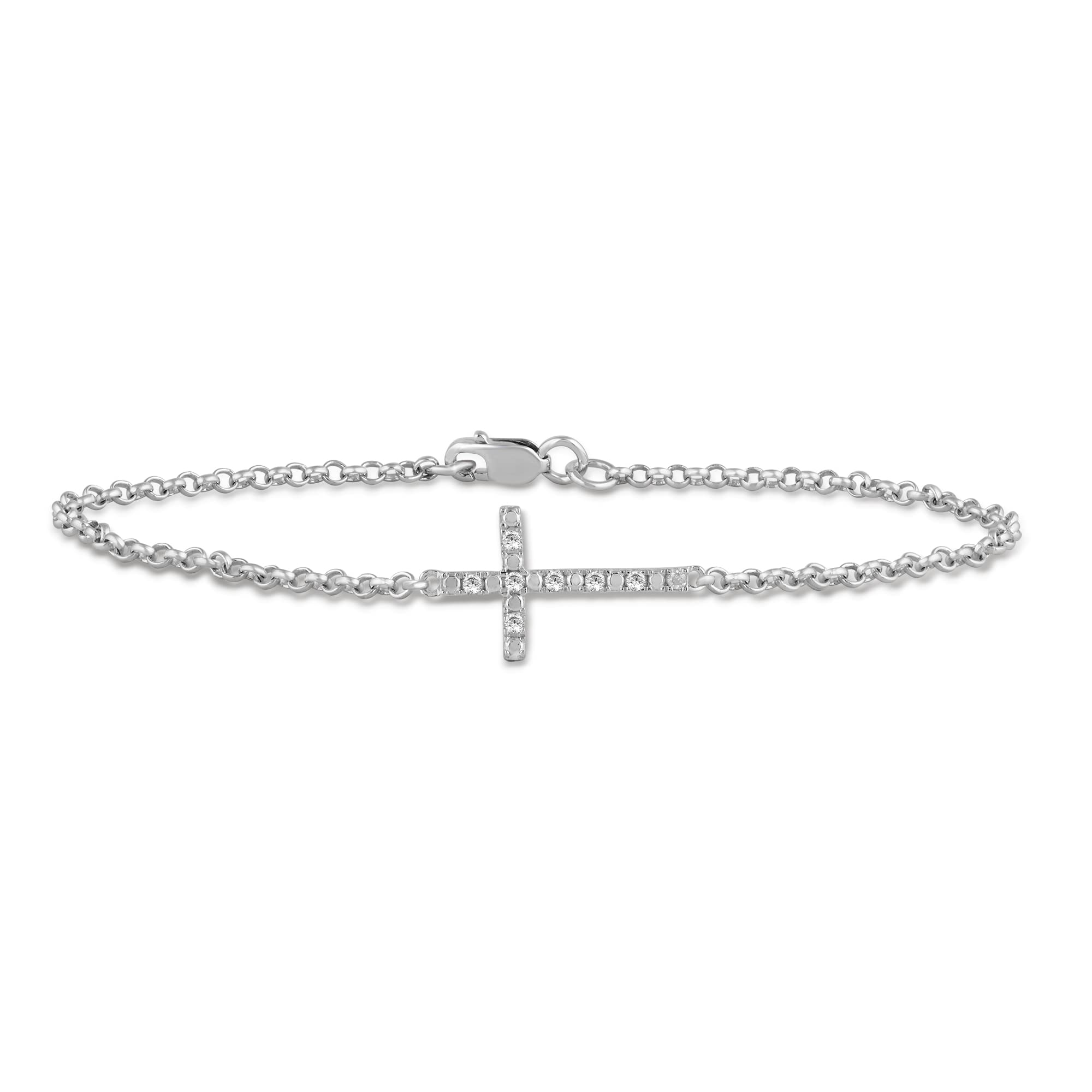 Jewelili Sterling Silver Natural White Round Diamonds Sideways Cross Bracelet