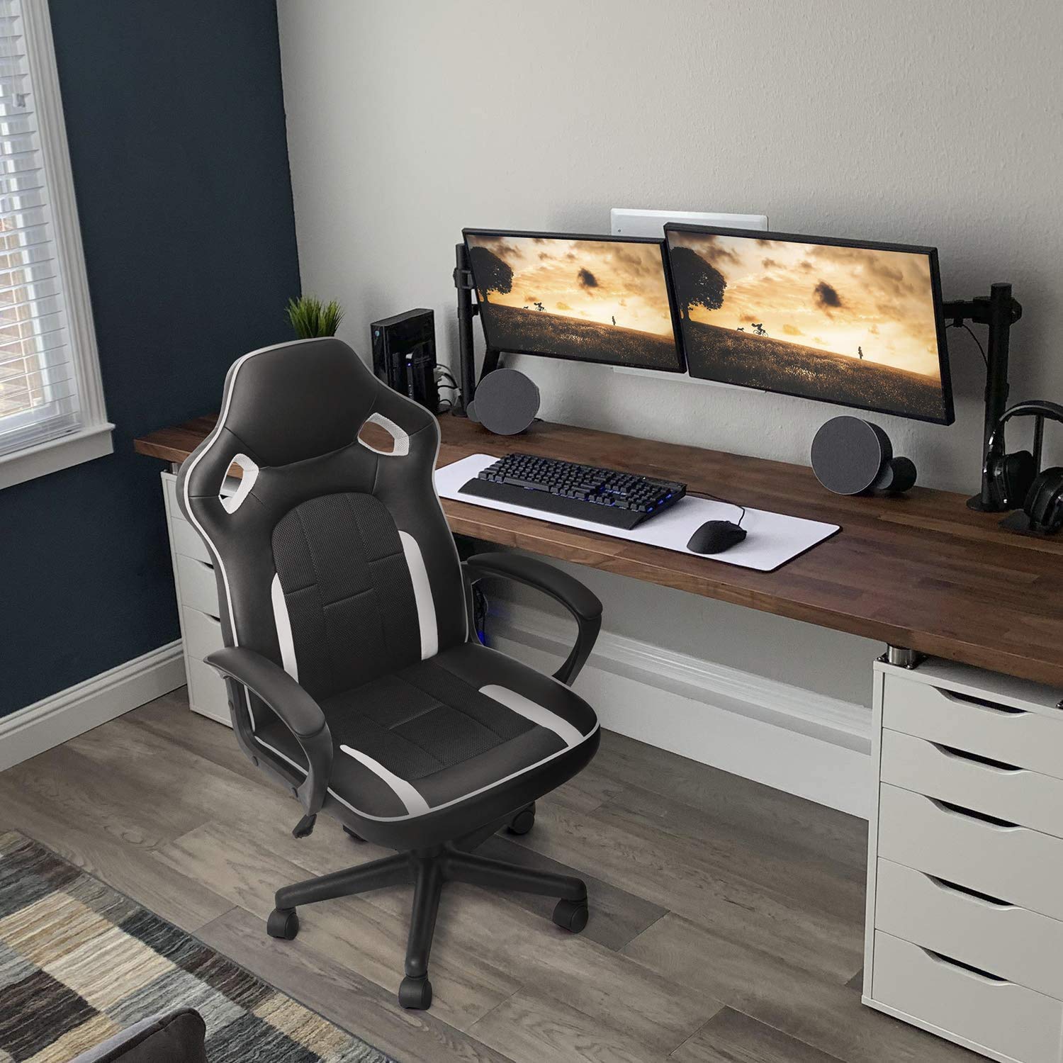 KaiMeng Office Gaming Ergonomic High Back Leather Adjustable Desk Executive Computer Racing Chair, White