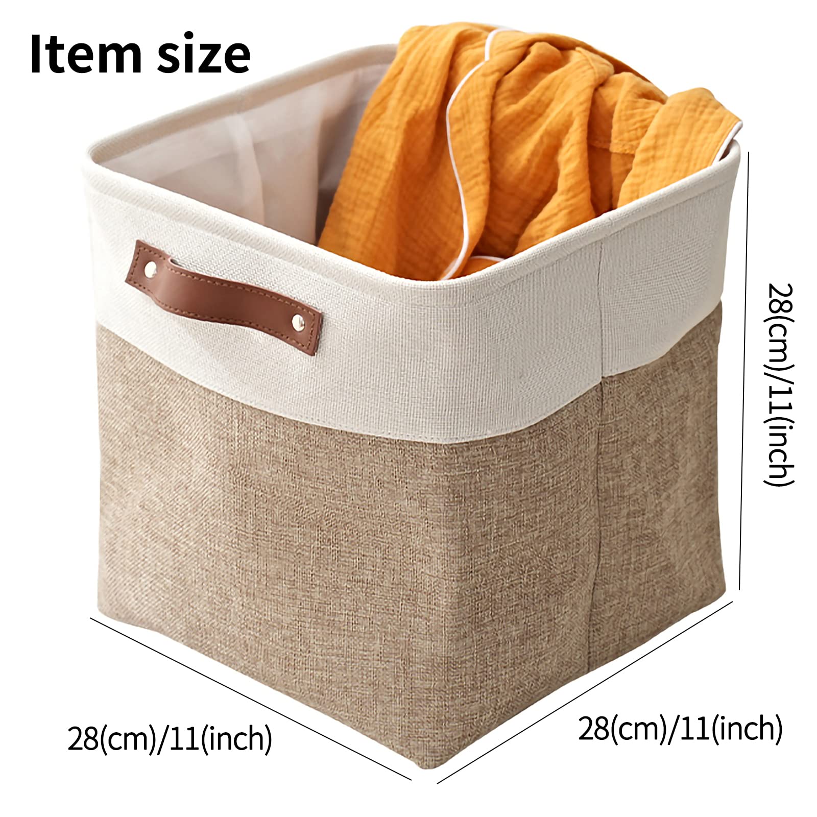 Jossens 11 Inch Fabric Baskets with Leather Handles,Foldable Cubes Storage Bins Set of 4 for Cube Organizer Home Toy Nursery Closet Bedroom (blue)