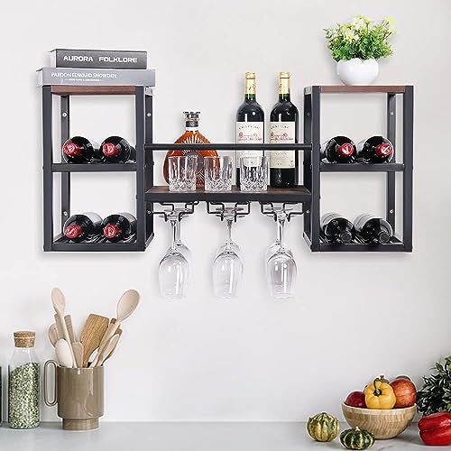 Kokorona Hanging Wine Rack Wall Mounted, Industrial Pipe Wine Rack with 3 Stem Glass Holder, Liquor Bottle Display Shelf Floating Bar Shelves for Wine Bottles