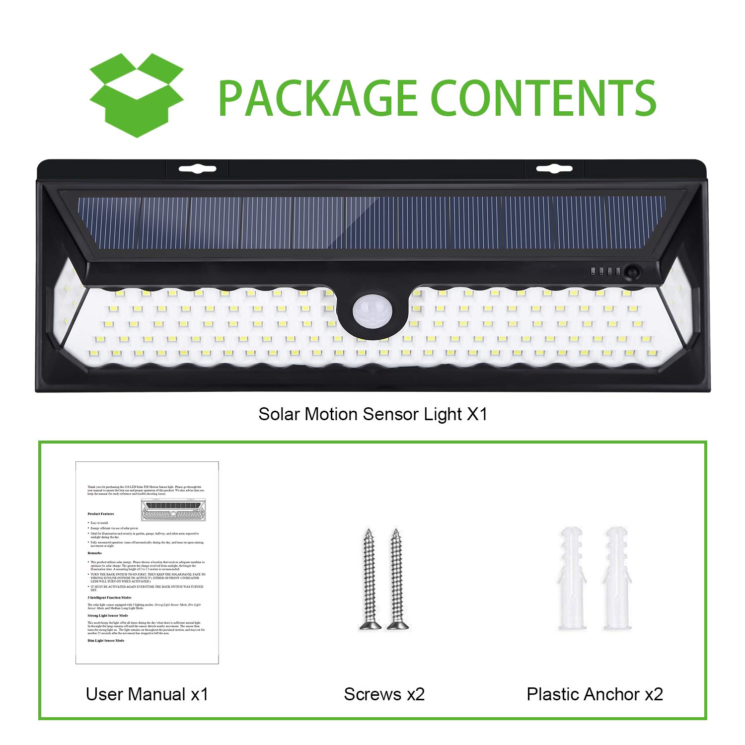 Jsunck Solar Motion Sensor Light Outdoor 118 LED Security Lights with 3 Modes 270° Wide Angle Wireless Motion Derector IP65 Waterproof Wall Light for Outside, Front Door, Garage, Yard, Deck - 2 Pack