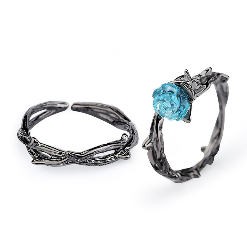 ISAACSONG.DESIGN 925 Sterling Silver Statement Adjustable Ring for Women Love Heart, Teardrop, Cat, Pearl Charms (Valentine Blue Rose Couple Ring)