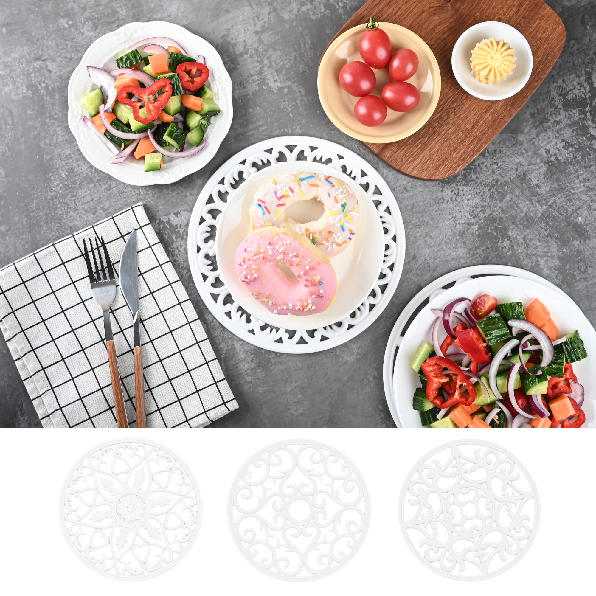 Nstezrne Trivets for Hot Dishes, Silicone Hot Pads for Kitchen Counter, Trivets for Hot Pots and Pans, Multi Purpose Heat Resistant Mats for Table and Countertops, Silicone Trivet Mat Set 3 White