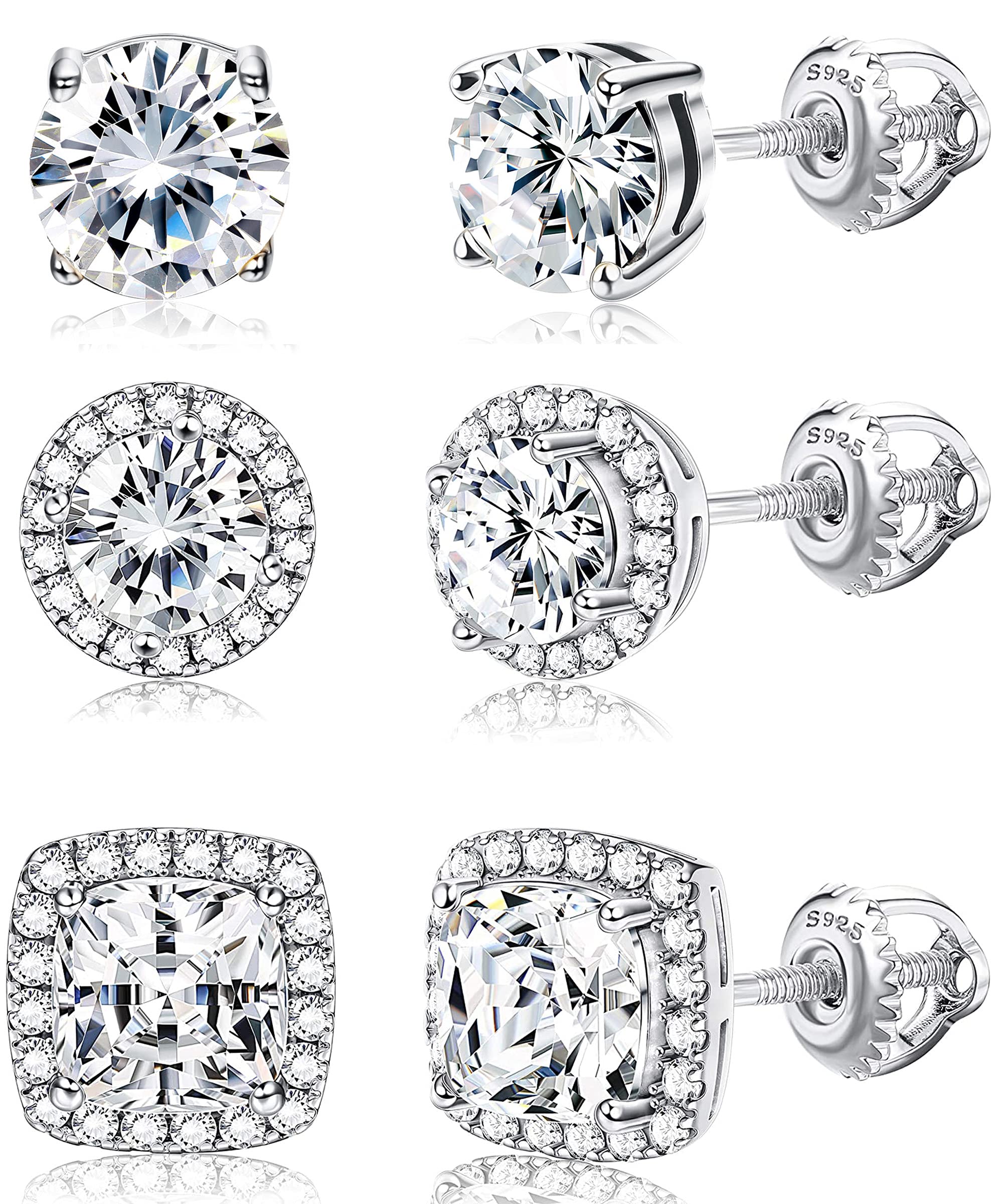 Jstyle 3Pairs 18K White Gold Plated Brilliant Simulated Diamond Halo Earrings Studs with Screw Back Round Square Cubic Zirconia Screw Back Earrings for Mother's Day Gift White