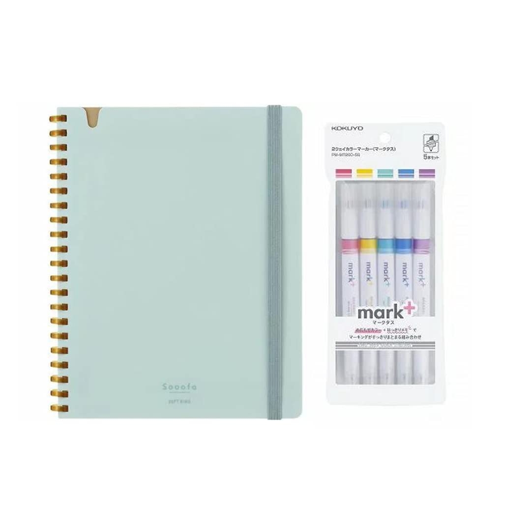 Kokuyo. Soft Ring Notebook Sooofa A5 4mm Grid 80 Sheets Light Blue and Markāŗ Two Way Color Marker 5-Pack(Pink,Blue,Green,Purple, and Yellow) Set
