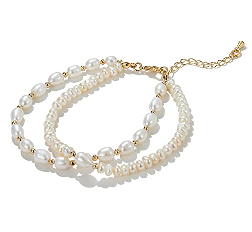KVLmoze Layered Pearl Bracelets Vintage Stylish 3-5mm Handpicked Double Layer Pearl Strand Bracelet for Girls Women