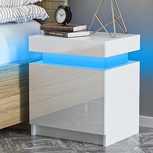 HOMMPA LED Nightstand White Nightstand with Led Lights Modern Night Stand with 2 High Gloss Drawers Led Bedside Table Smart Nightstand for Bedroom 20.5β Tall