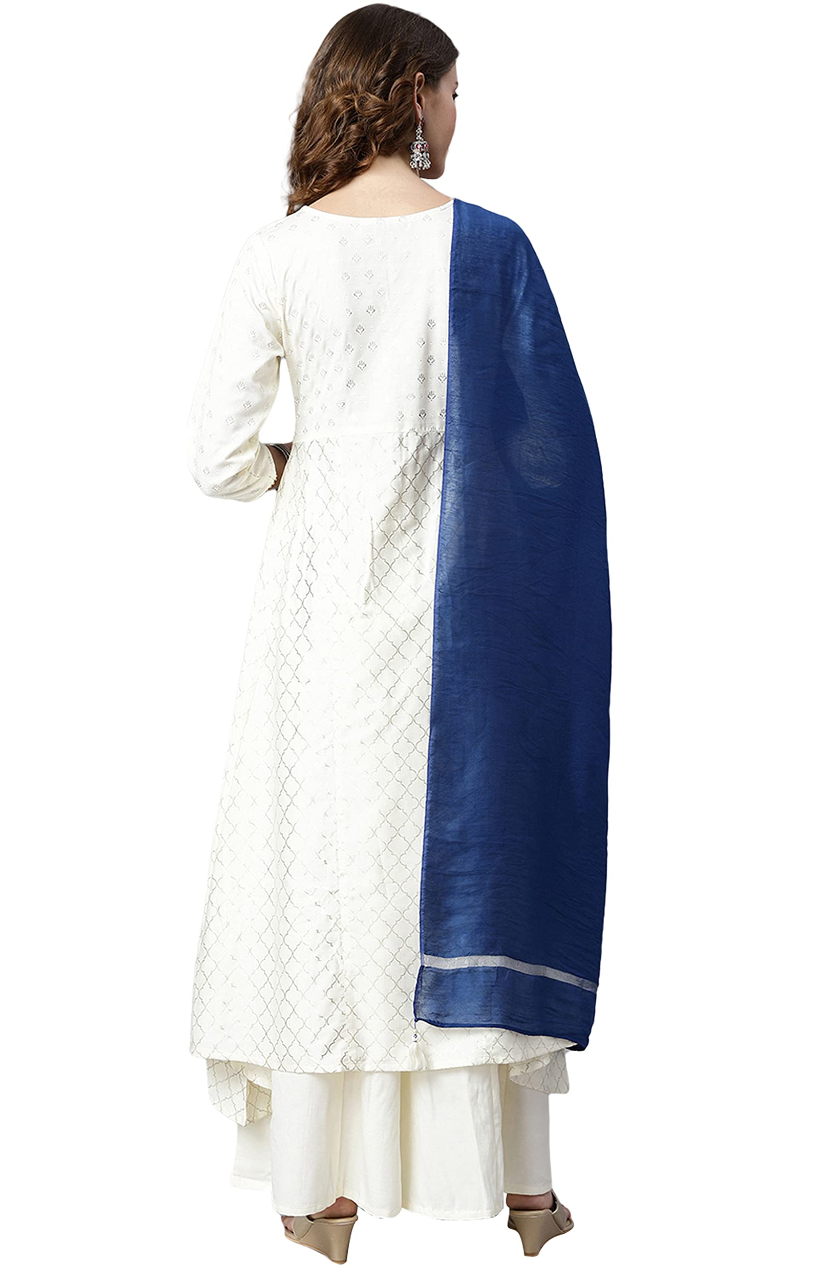 Janasya Indian Women's Off- White Yoke Printed Poly Silk Kurta with Palazzo and Dupatta