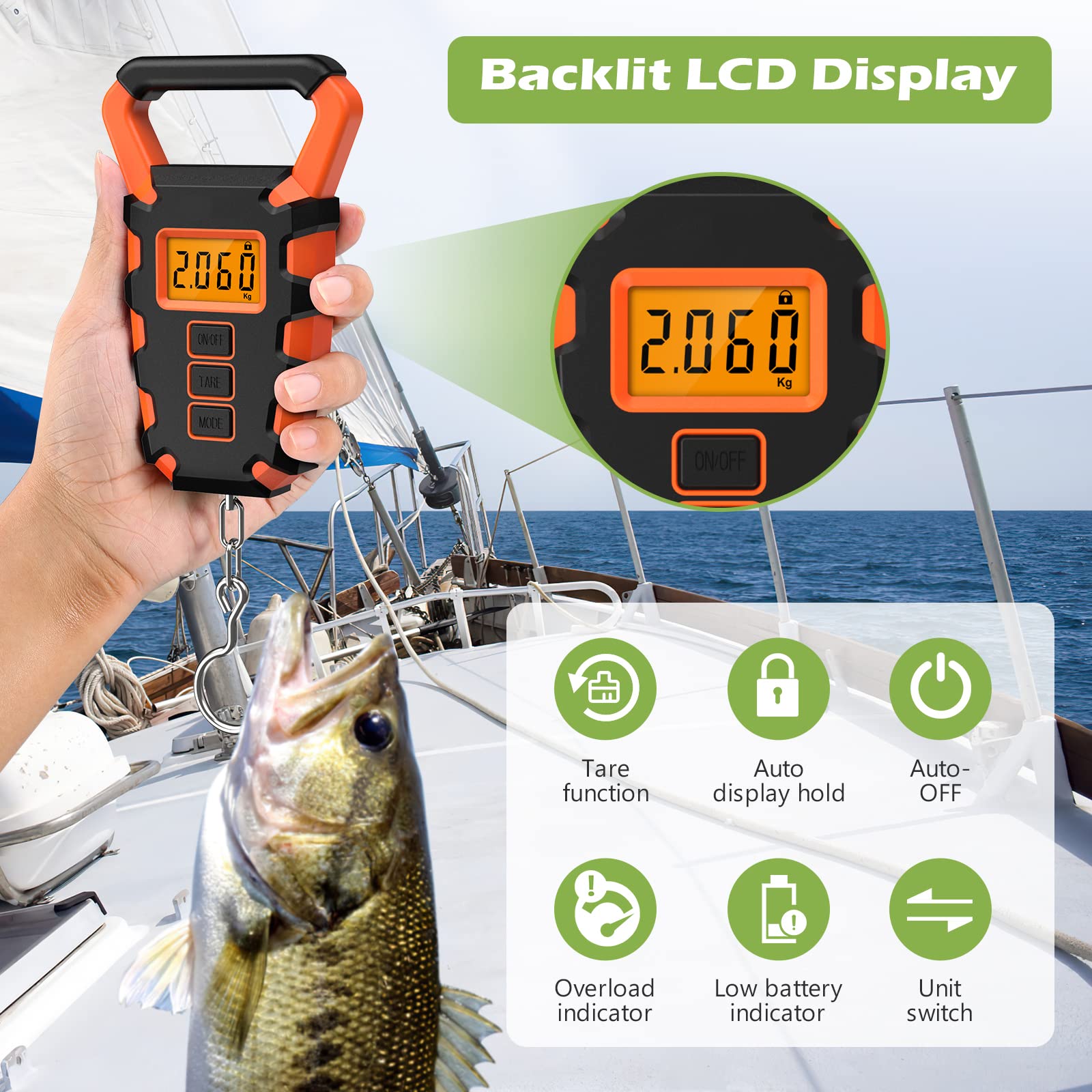 KeeKit Digital Fishing Scale with Ruler, 110lb/50kg Electronic Digital Luggage Scale, Waterproof Fishing Postal Hanging Hook Scale with Measuring Tape, Backlit LCD Display (Batteries Included)