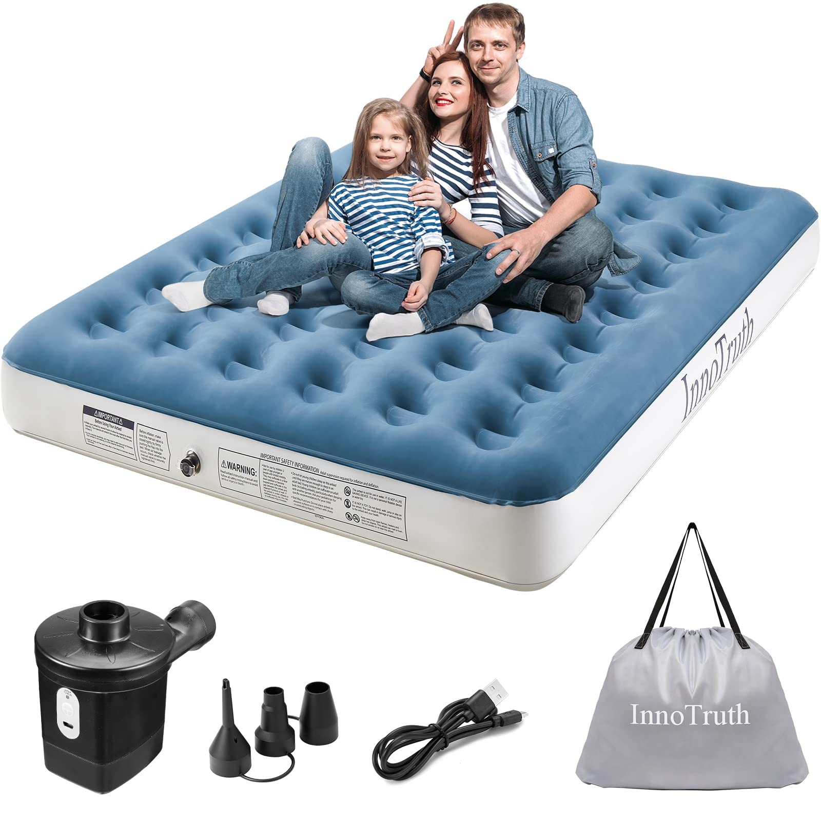 InnoTruth Queen Camping Air Mattress Bed, Rechargeable Handheld Electric Pump, Raised Elevated Blow Up Mattresses, Portable and Foldable Bed for Home Travel, 60" Wdith