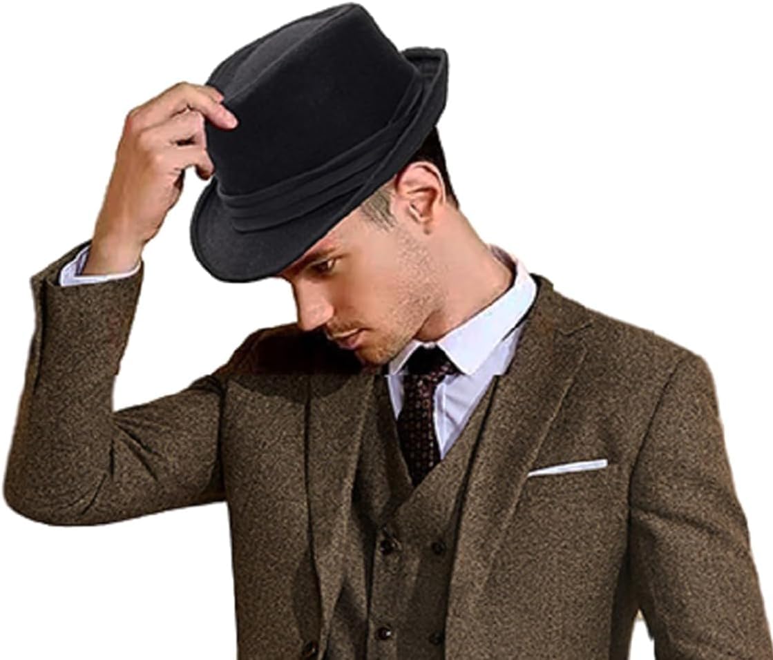 Men Classic Fedora-Hat Felt Manhattan-Gangster-Trilby with Band Unisex Women's Structured Trilby Fedora Hat(Size:S) (US, Alpha, Medium, Black)