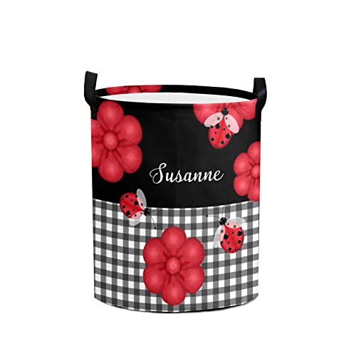 Red Flower Ladybird Checker Personalized Laundry Basket ,Custom Foldable Storage Bins Laundry Hamper for Nursery Pet Toys Clothes