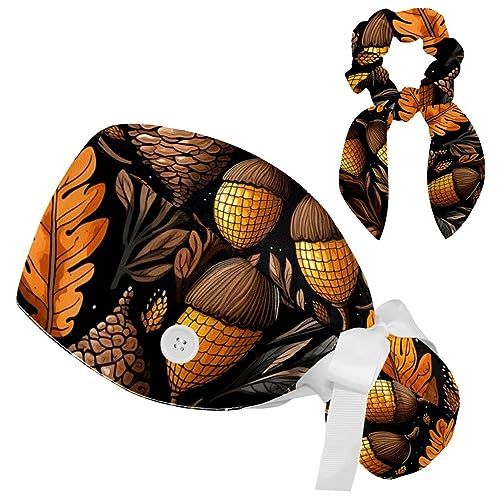 Thanksgiving Acorn Working Cap with Button Sweatband Adjustable Tie Back Bouffant Hats with Scrunchie
