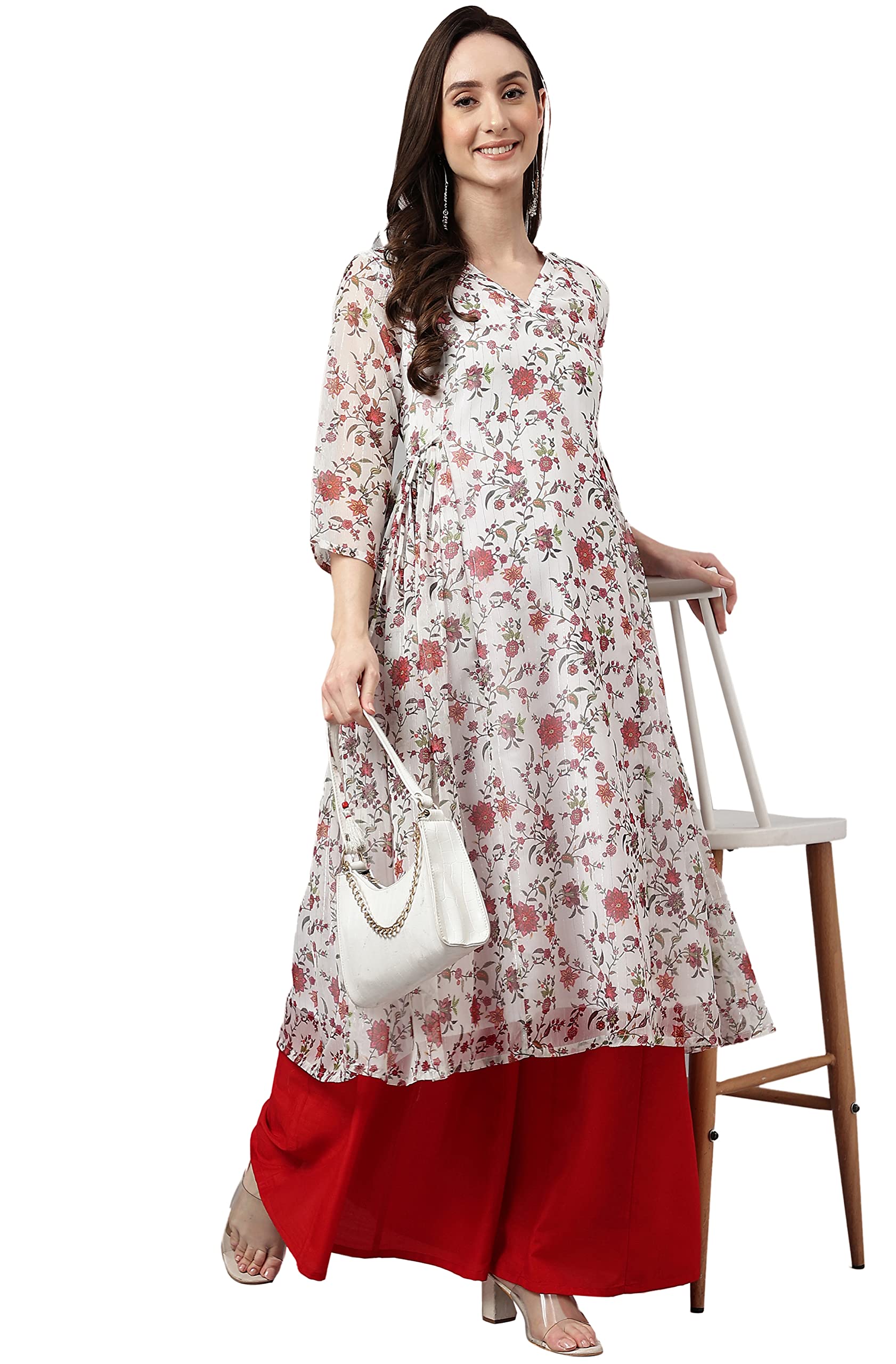 Janasya Indian Women's White Chiffon Lurex Floral Printed flared Kurta