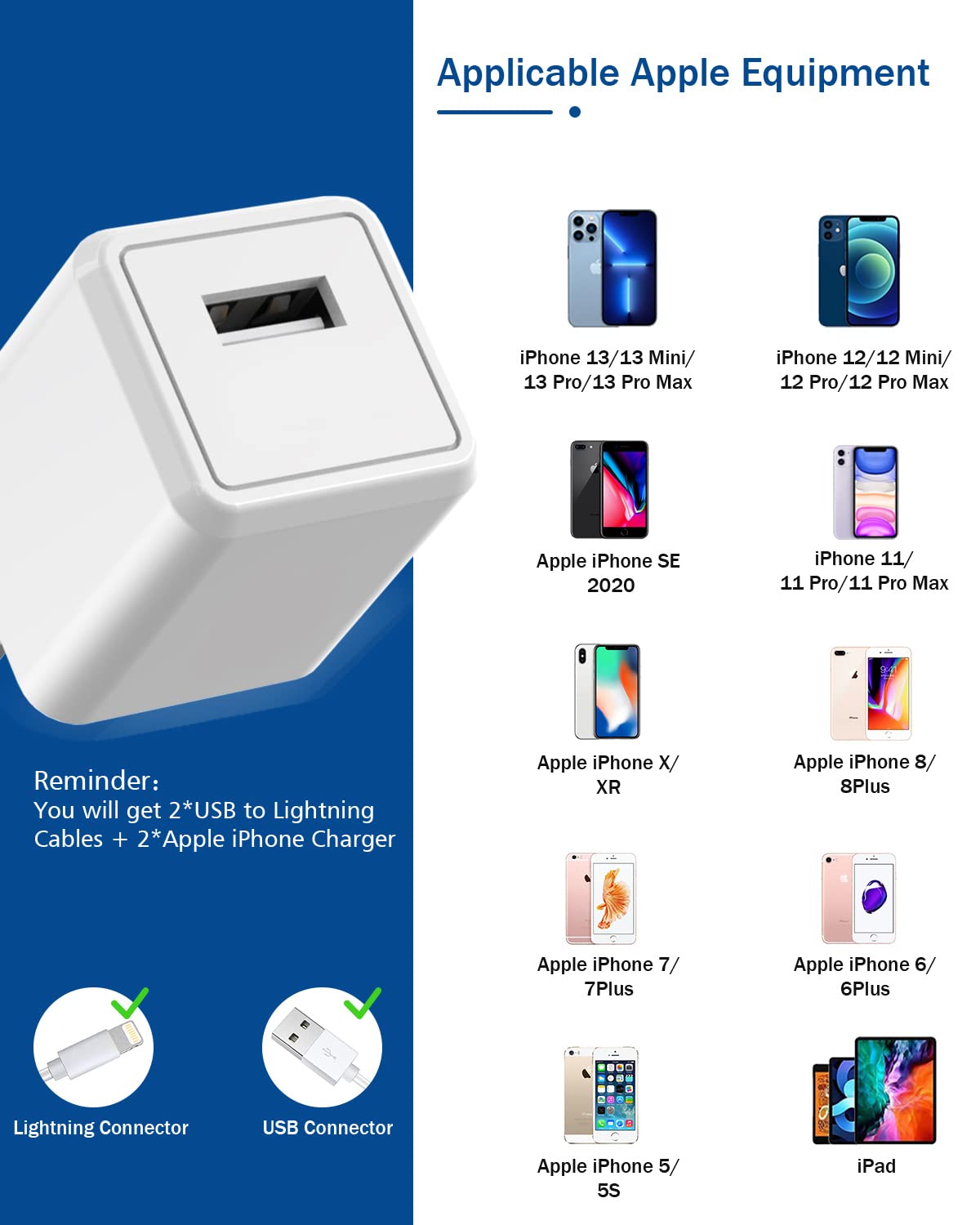 iPhone Charger,Long 6FT iPhone Charger 2Pack iPhone Cord 6feet USB to Lightning Cable Quick Fast Charging Data Sync Cord USB Wall Charger Block Adapter for iPhone 14/13/12/11/XS/XR/X/8/7/5/SE2022/iPad