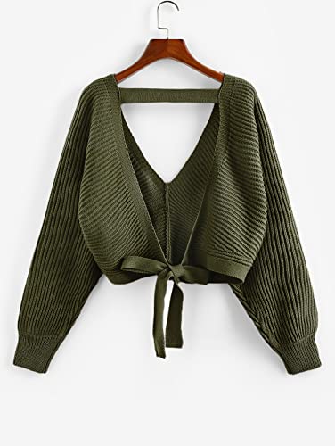 ZAFUL Women's Ripped Solid V Neck Ribbed Knitted Jumper Loose Sweater Long Sleeves Wrap Cropped Pullovers Top