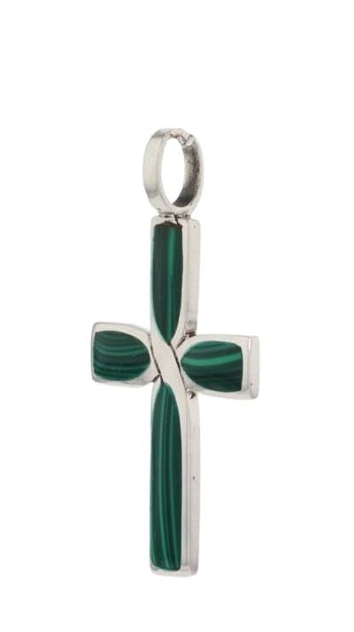 Jewelry Trends Sterling Silver Cross Pendant with Green Created Malachite Stone