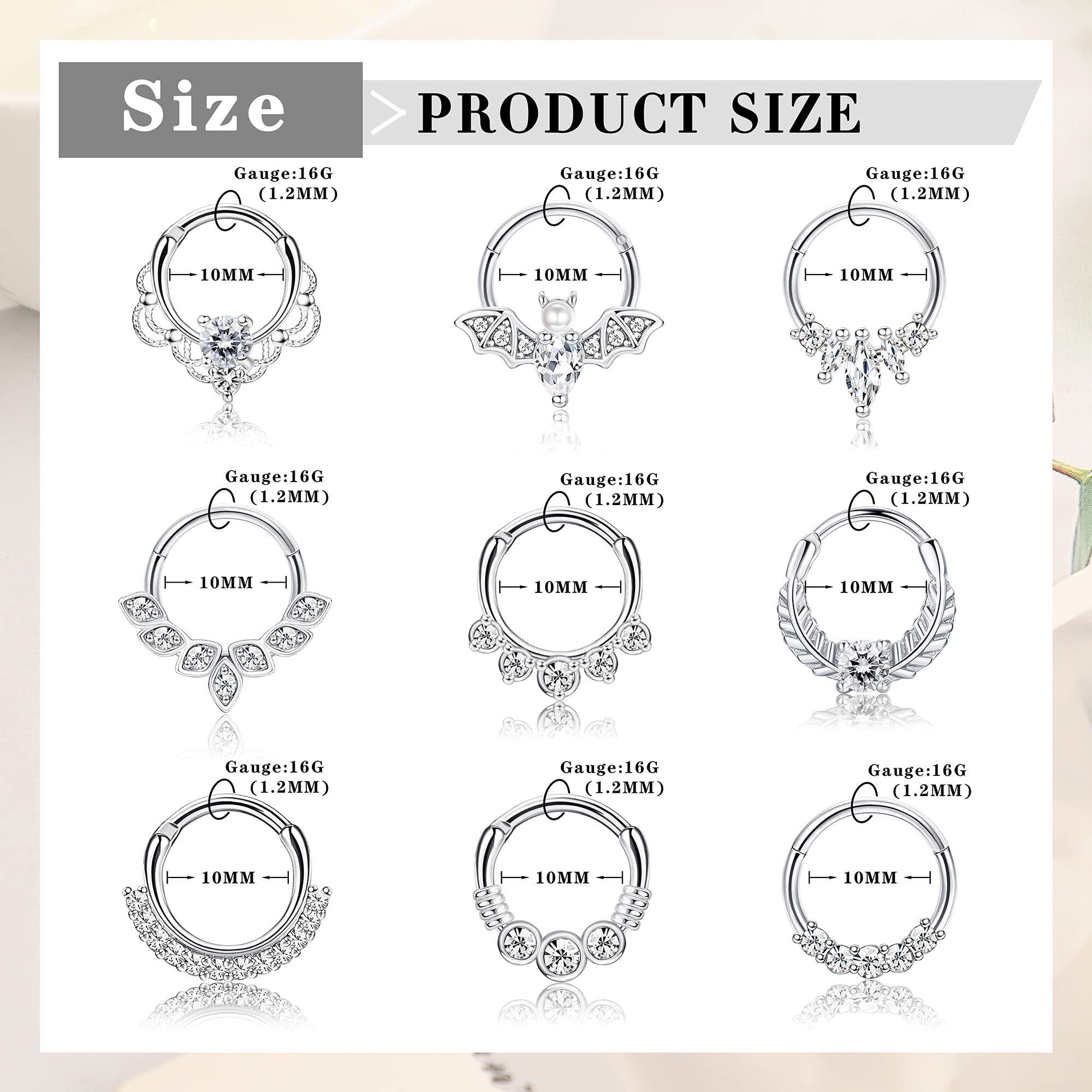 LOYALLOOK 9PCS 16G Septum Clicker Ring Stainless Steel Bat CZ Nose Ring Hoop Tragus Helix Cartilage Earrings Daith Hoop Hinged Segment Clicker Ring Ear Nose Conch Piercing Silver Tone 10MM