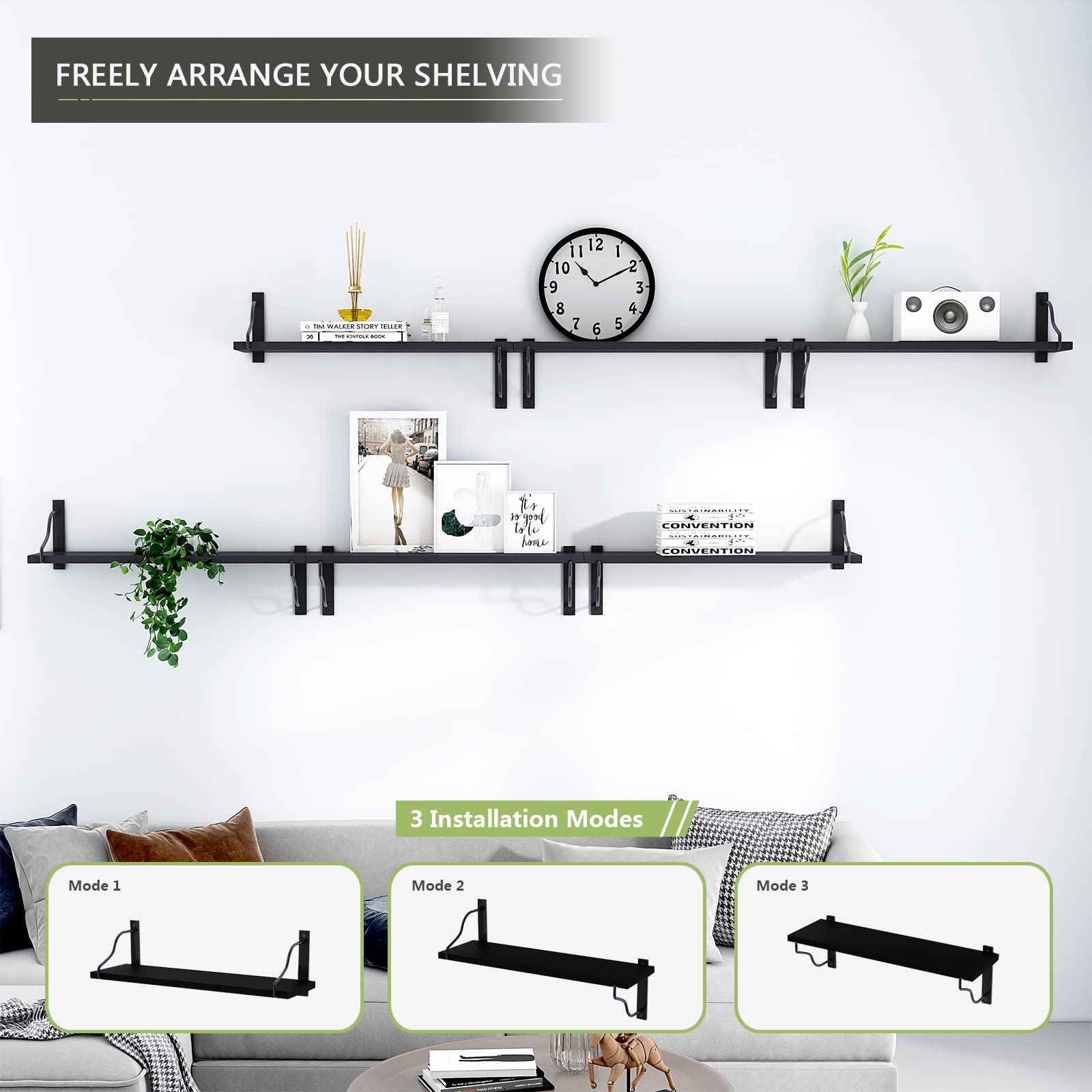 Inforth Wall Shelves, Wood Wall Mounted Shelves for Wall Storage, Floating Shelves for Wall Display with Metal Bracket, Hanging Shelves for Bedroom Kitchen Living Room (Black, 17 Inches)