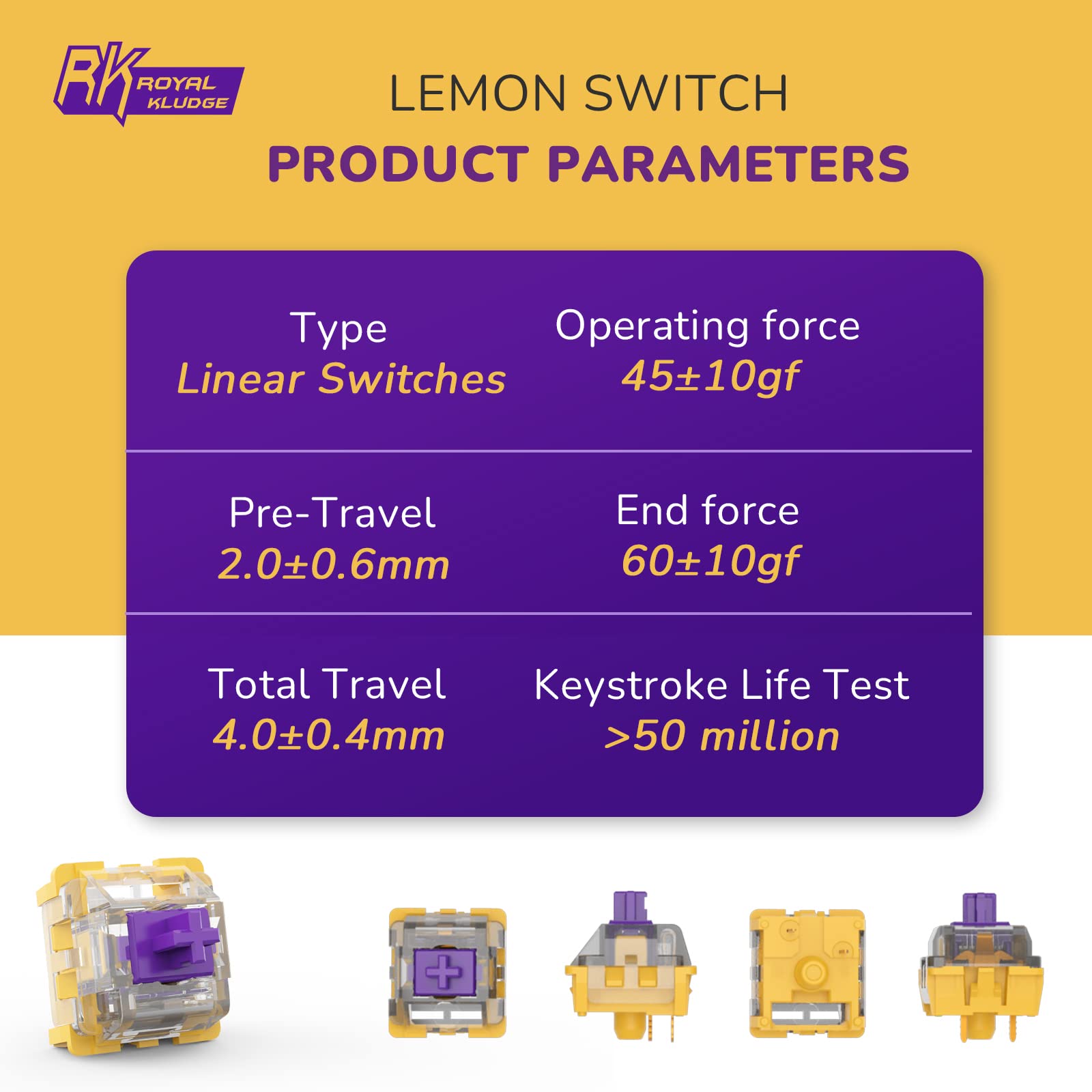 RK ROYAL KLUDGE Keyboard Switches, 3 Pin 45gf Linear Switches DIY Custom Plate Mounted Switches for Mx Mechanical Keyboard (35pcs, Lubed, Lemon Yellow)