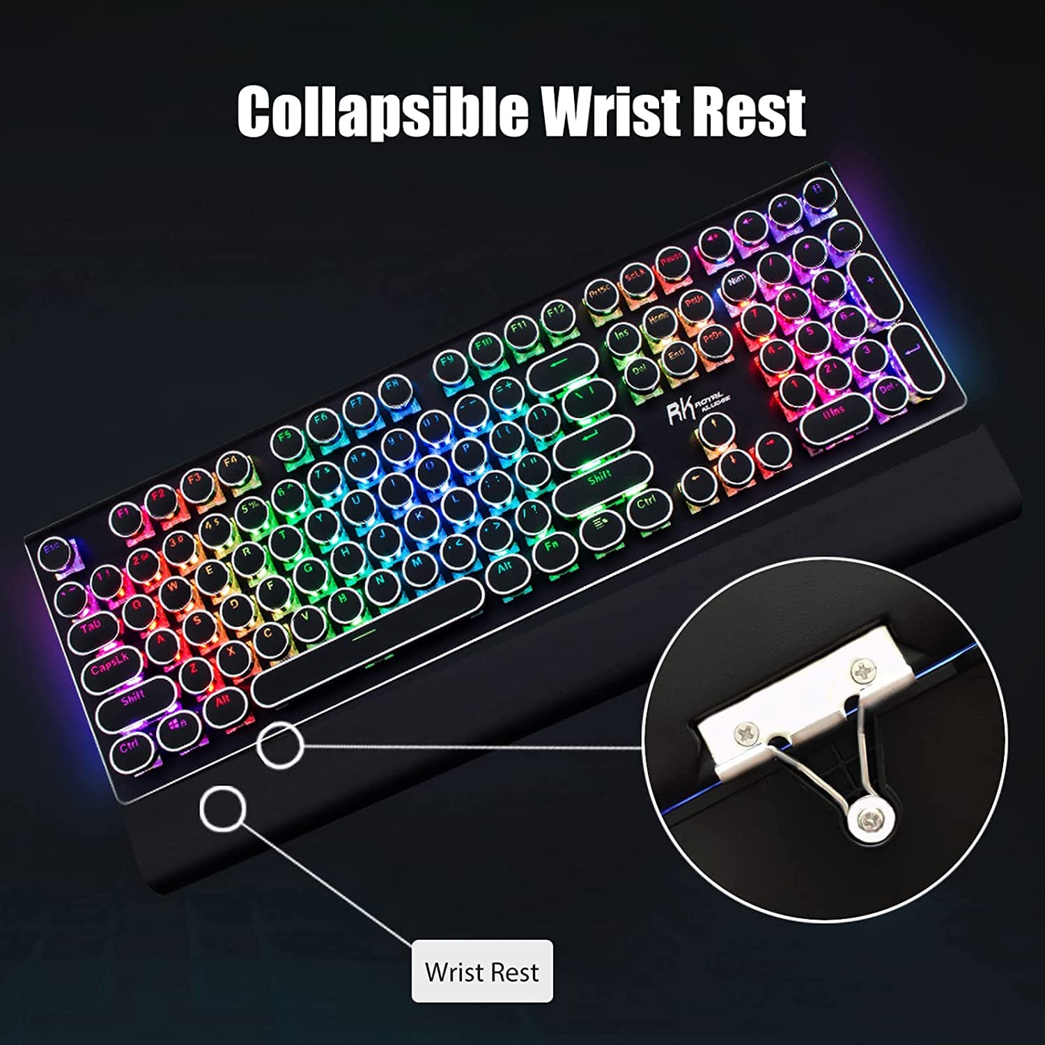 RK ROYAL KLUDGE S108 Typewriter Style Mechanical Gaming Keyboard with True RGB Backlit Collapsible Wrist Rest 108-Key (Red Switch, Black)