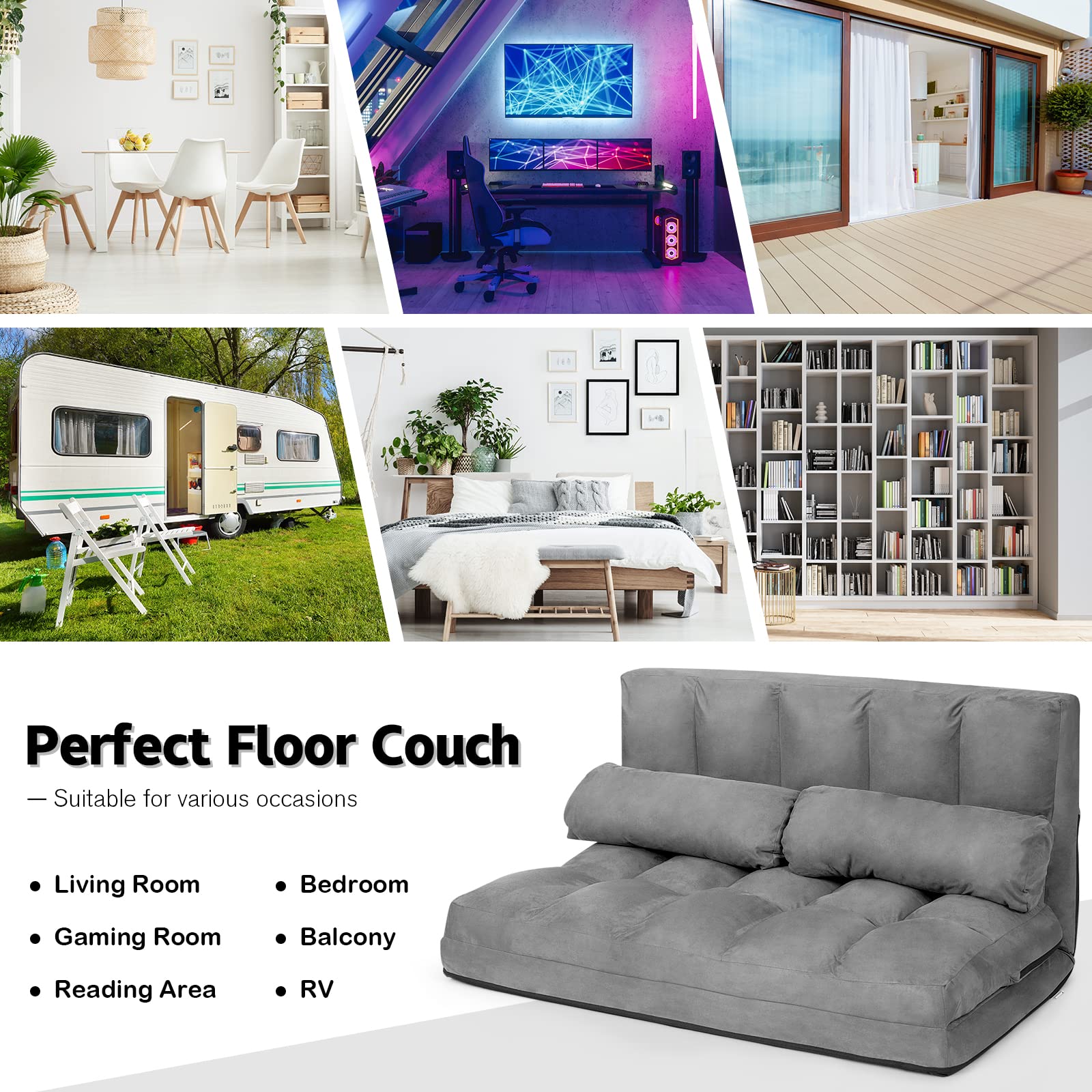 KOMFOTT Adjustable Floor Sofa Bed, Foldable Lazy Sofa Sleeper Bed with 6 Position Backrest & 2 Pillows, Convertible Futon Couch Bed with Suede Cloth Cover, Lounge Recliner for Living Room