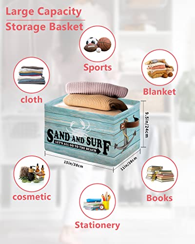 Summer Beach Crab Storage Basket Waterproof Cube Storage Bin Organizer with Handles, Anchor Nautical Sand and Surf Teal Wooden Collapsible Storage Cubes Bins for Clothes Books Toys 15"x11"x9.5"