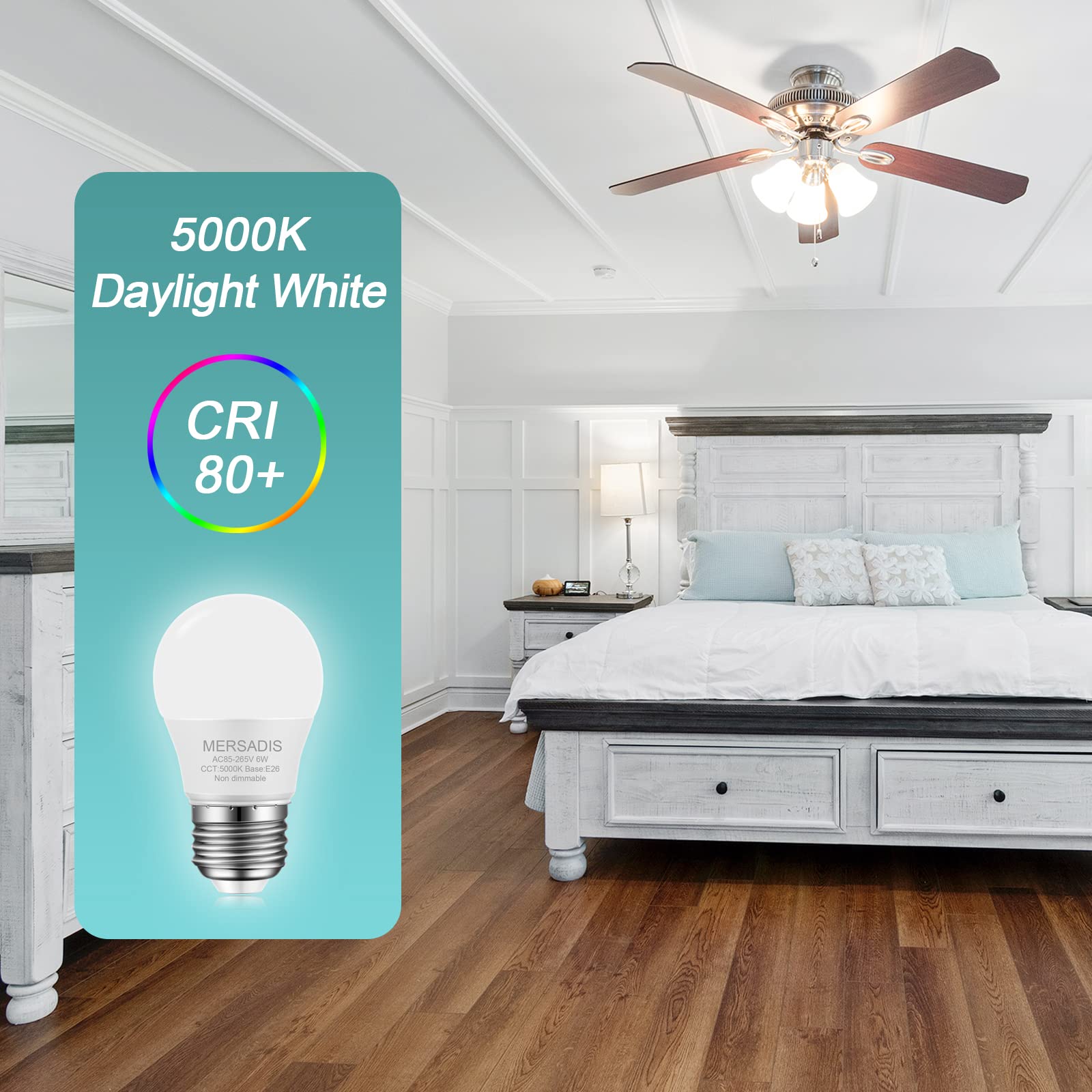 MERSADIS 6-Pack LED Ceiling Fan Light Bulbs, 60 watt Equivalent, 5000K Daylight White, E26 Medium Base, A15 LED Appliance Bulbs Small, Non-dimmable