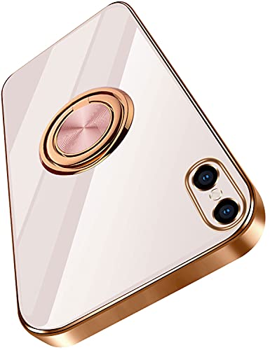 iPhone Xs/iPhone X Case 5.8" Soft Silicone Electroplated Anti-Scratch Cases with Ring Holder Stand Flexible TPU Bumper Shockproof Cover - Light Pink